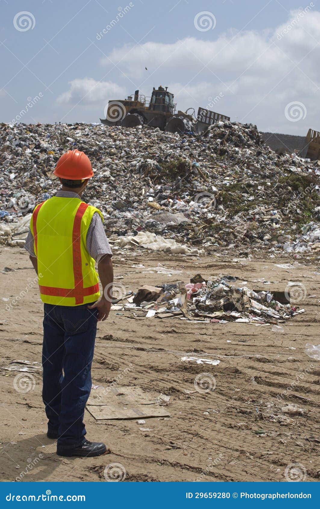 Worker Working at Landfill Site Stock Photo - Image of disposal, helmet ...