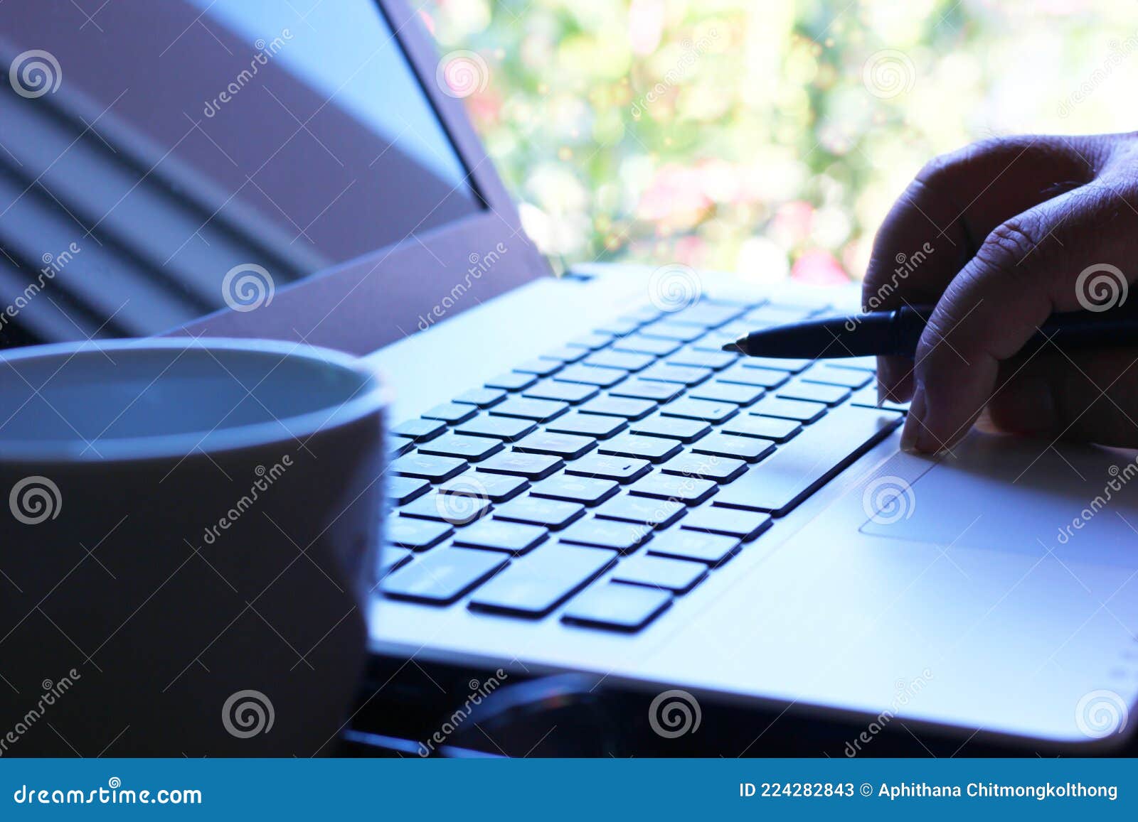 Worker Working with Laptopwith Abstract Blur Background Stock Image ...