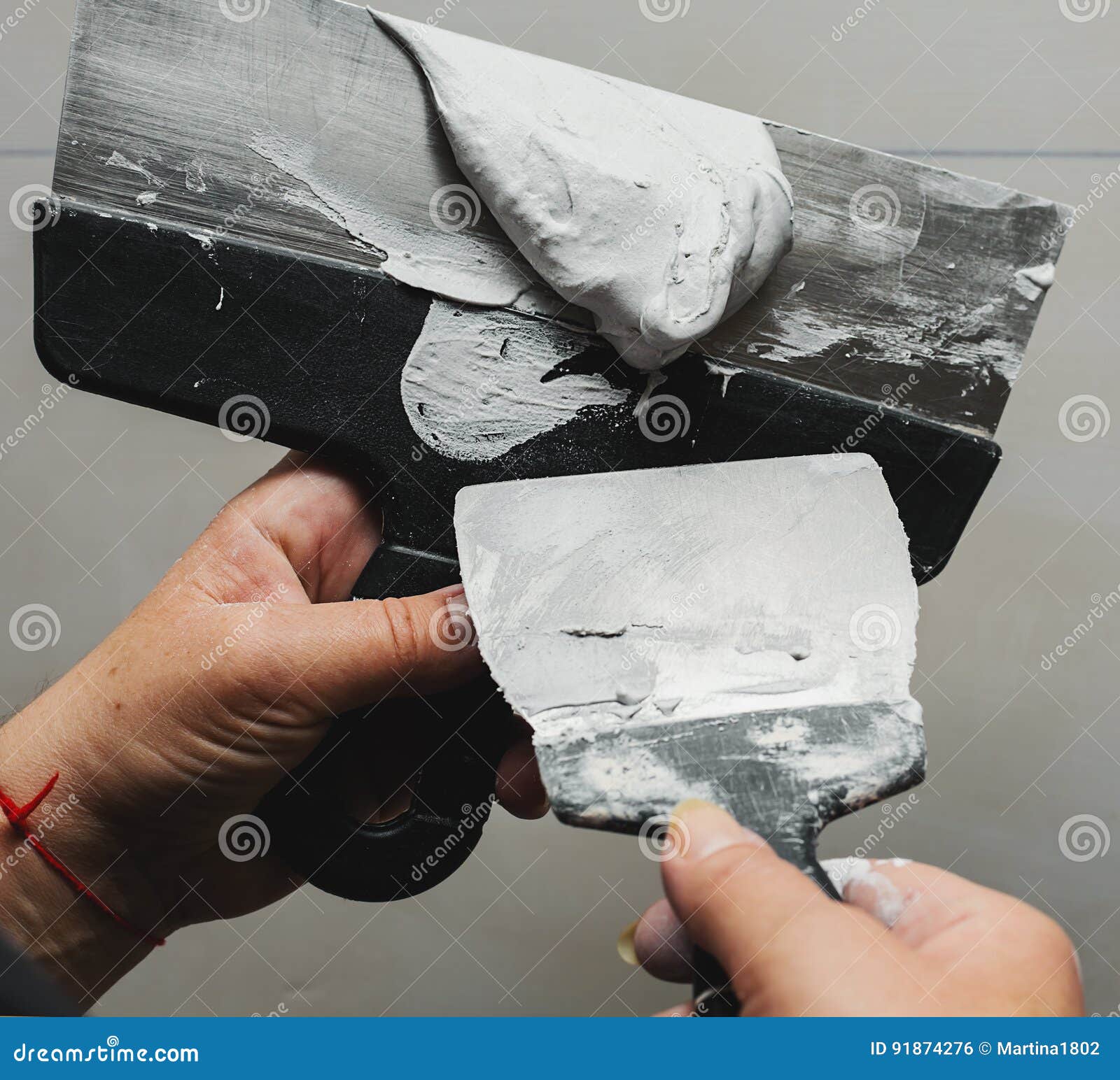 Worker Working Manual with Wall Plastering Tools Inside a House Stock ...