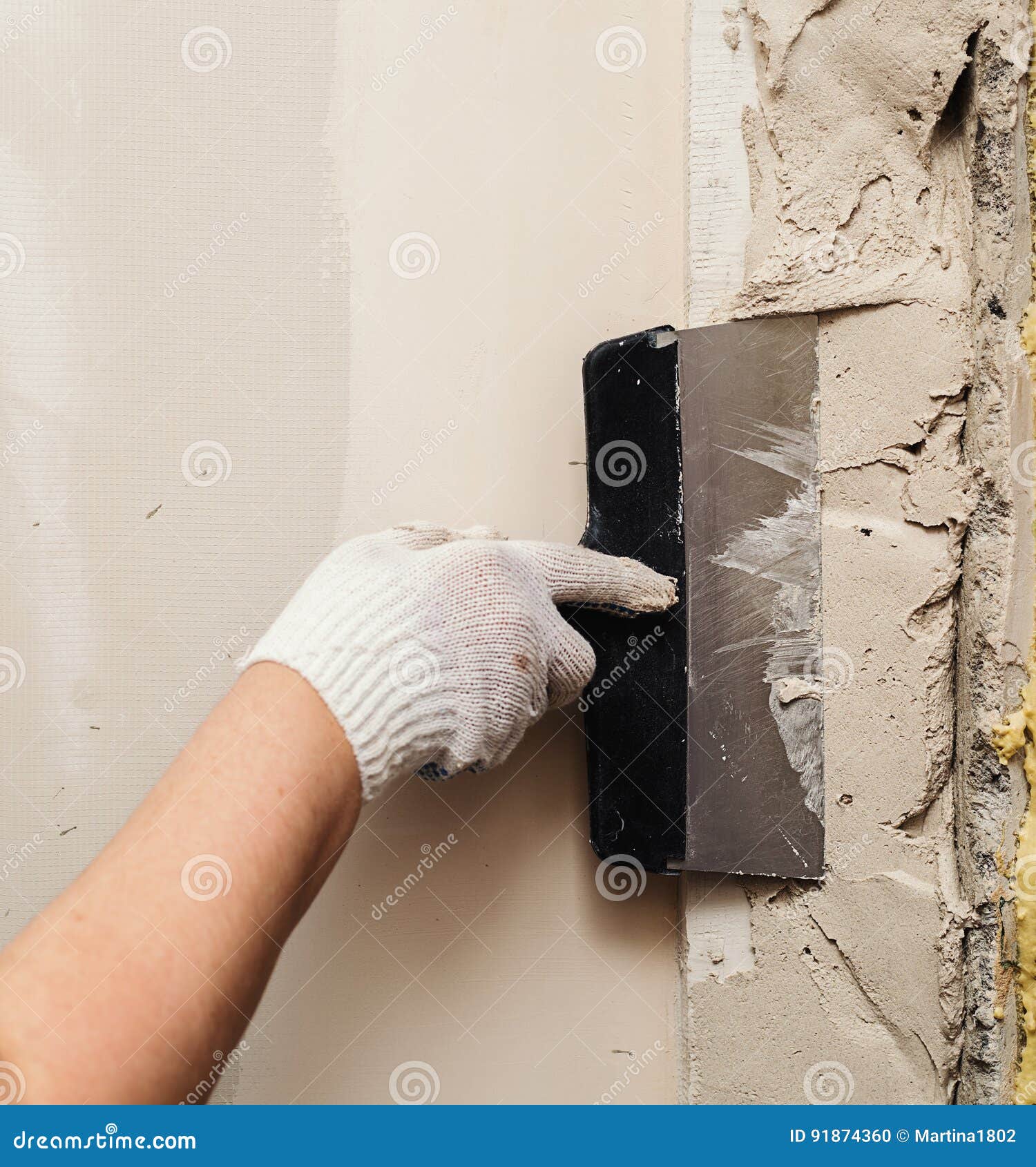 Worker Working Manual with Wall Plastering Tools Inside a House Stock ...