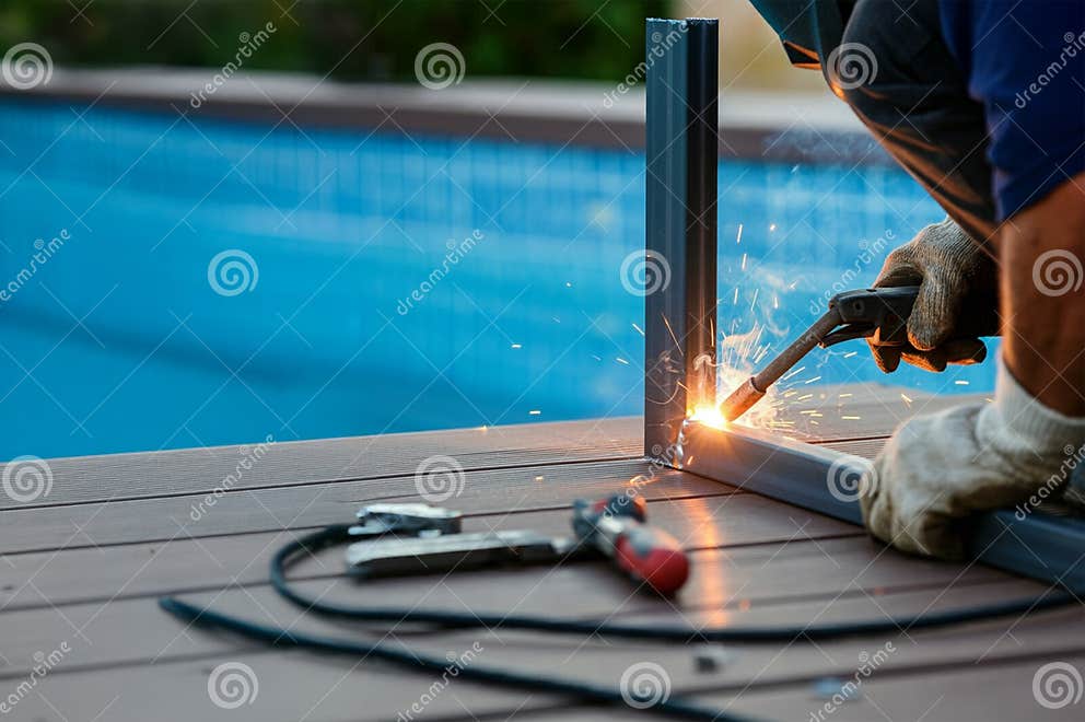 A Worker Working by the Pool Does Welding Work. Blue Colored Pool in ...