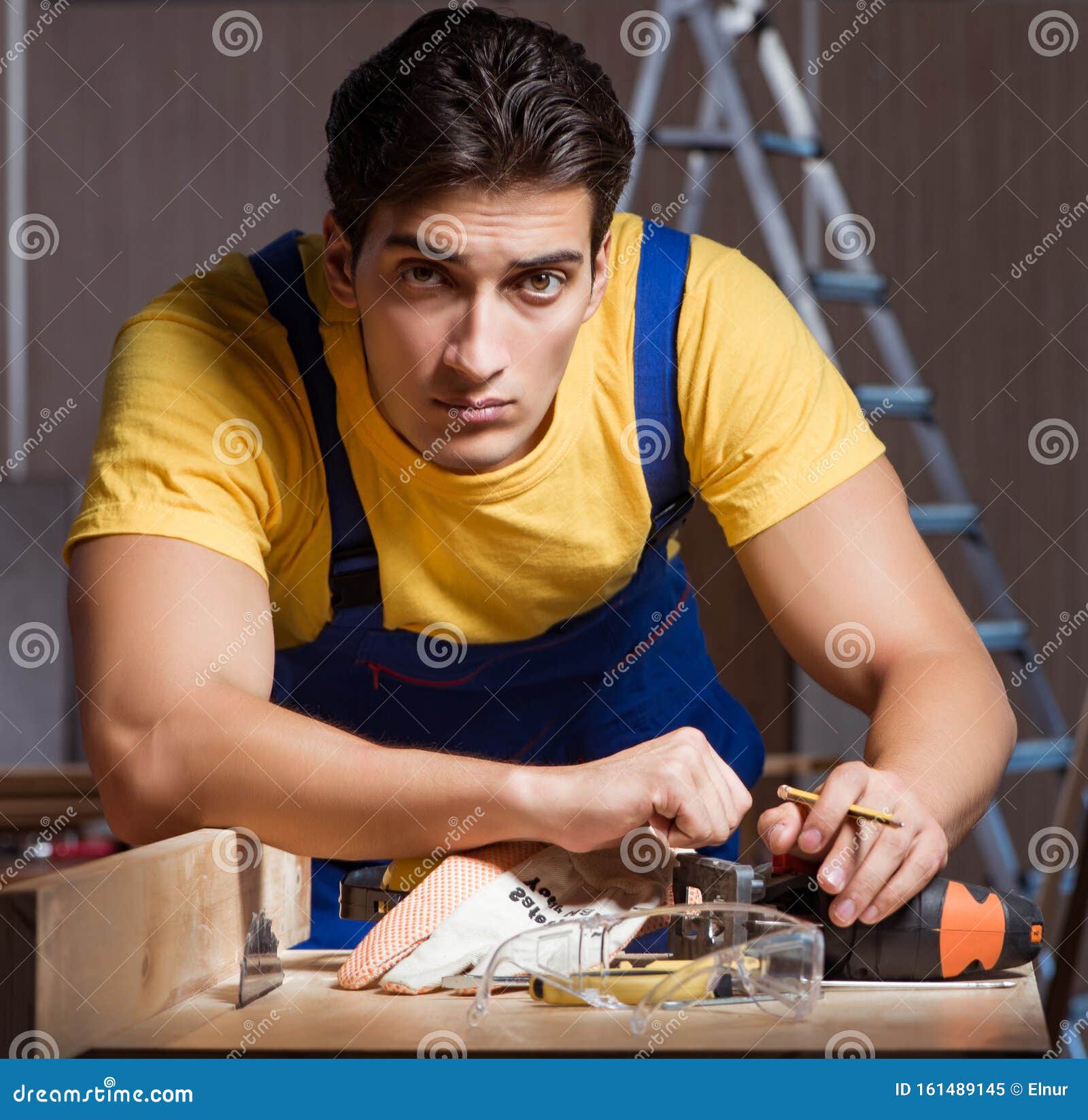 Worker Working in Repair Workshop in Woodworking Concept Stock Image ...
