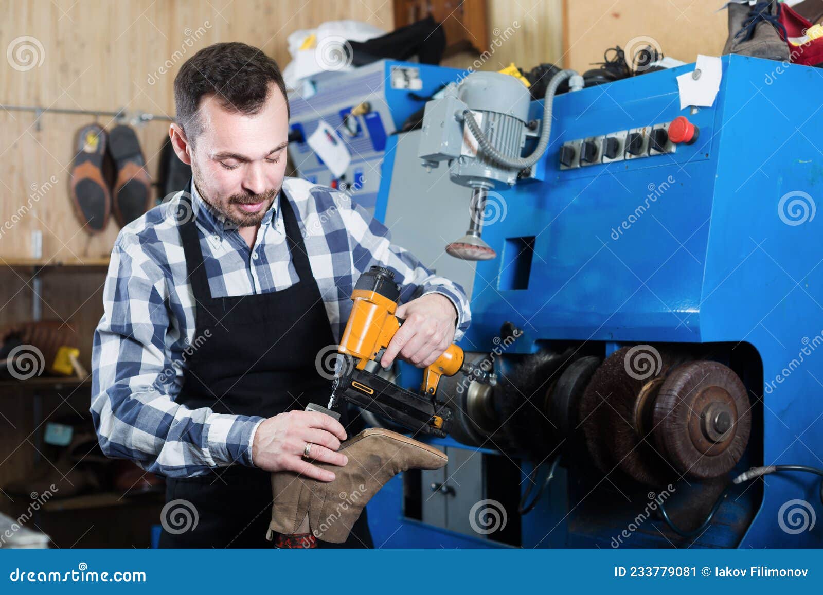 Worker Working at Restoring Boot in Repair Workplace Stock Image ...