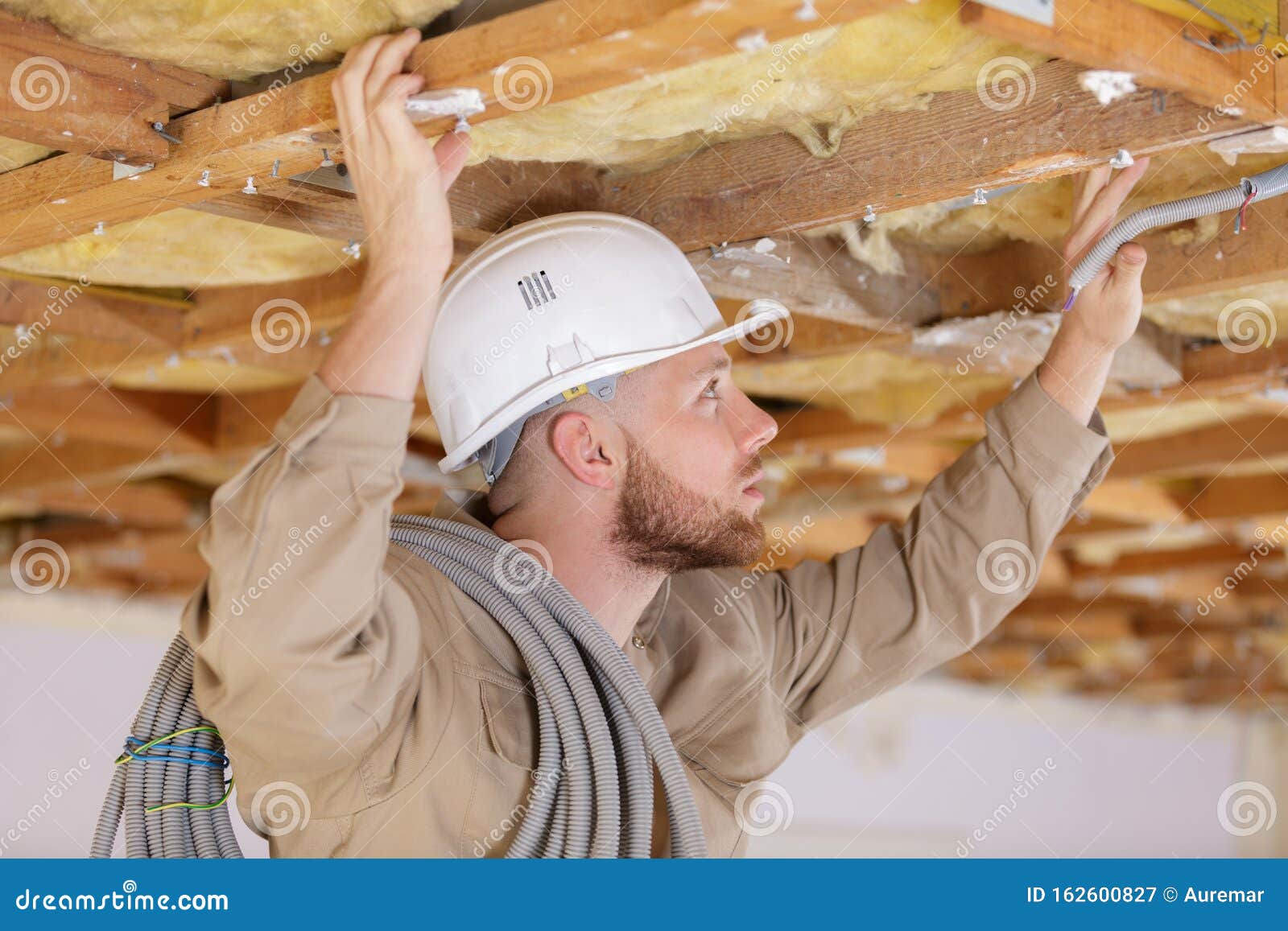 Worker Working on Wooden Ceiling in House Stock Image - Image of roof ...