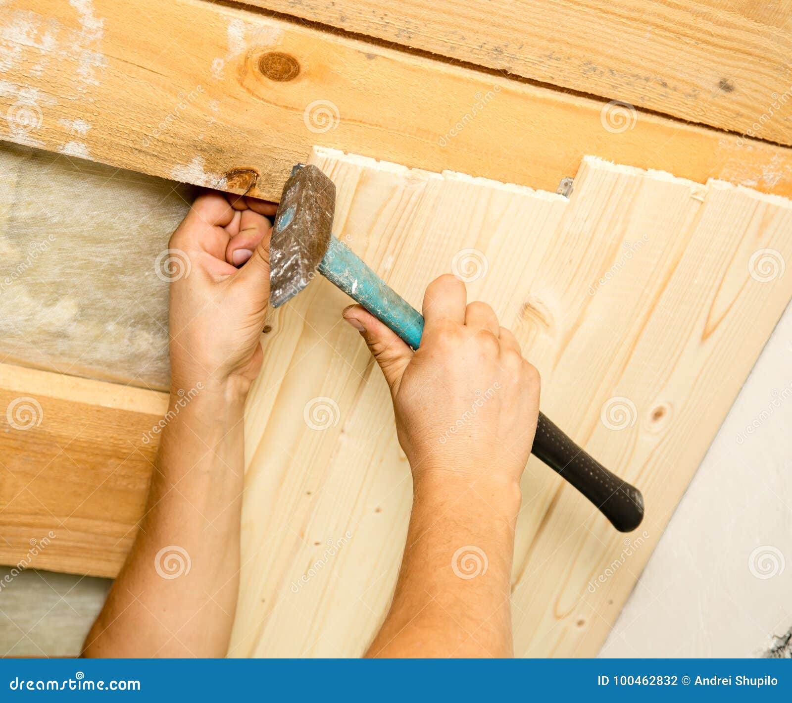Worker Working on a Wooden Ceiling in the House Stock Photo - Image of ...