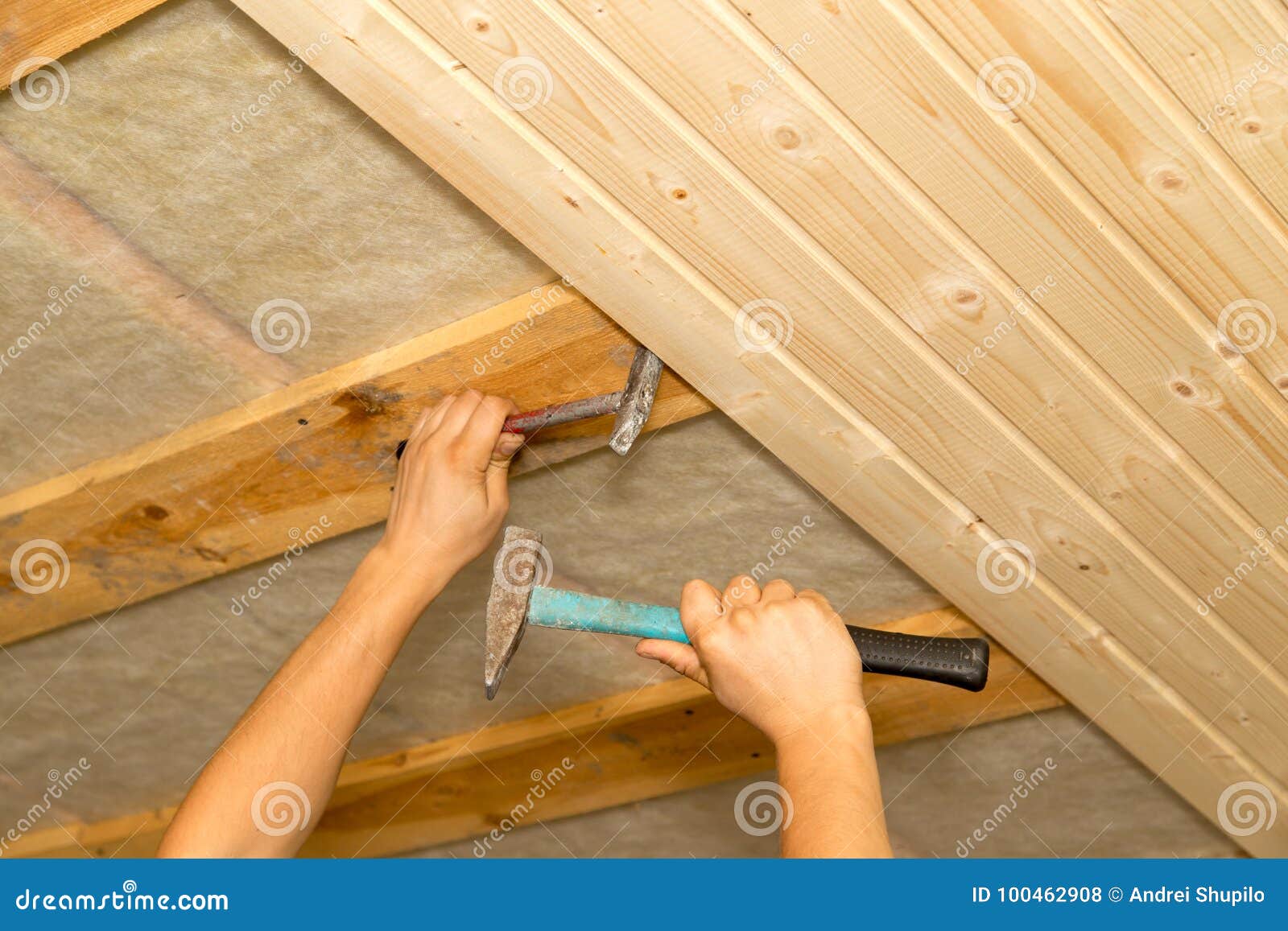 Worker Working on a Wooden Ceiling in the House Stock Photo - Image of ...