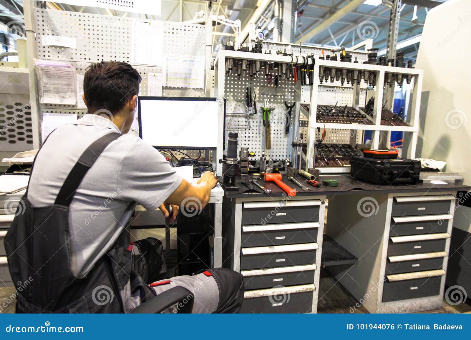 Worker at Workplace with Computer and Tools Stock Photo - Image of ...