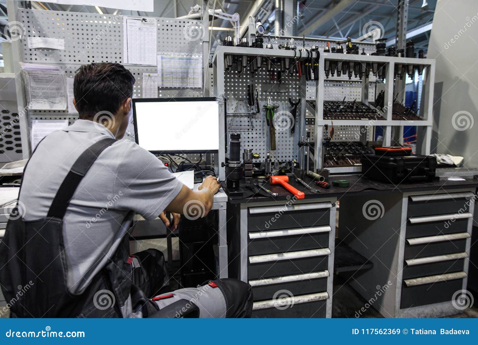 Worker at Workplace with Computer and Tools Stock Image - Image of ...