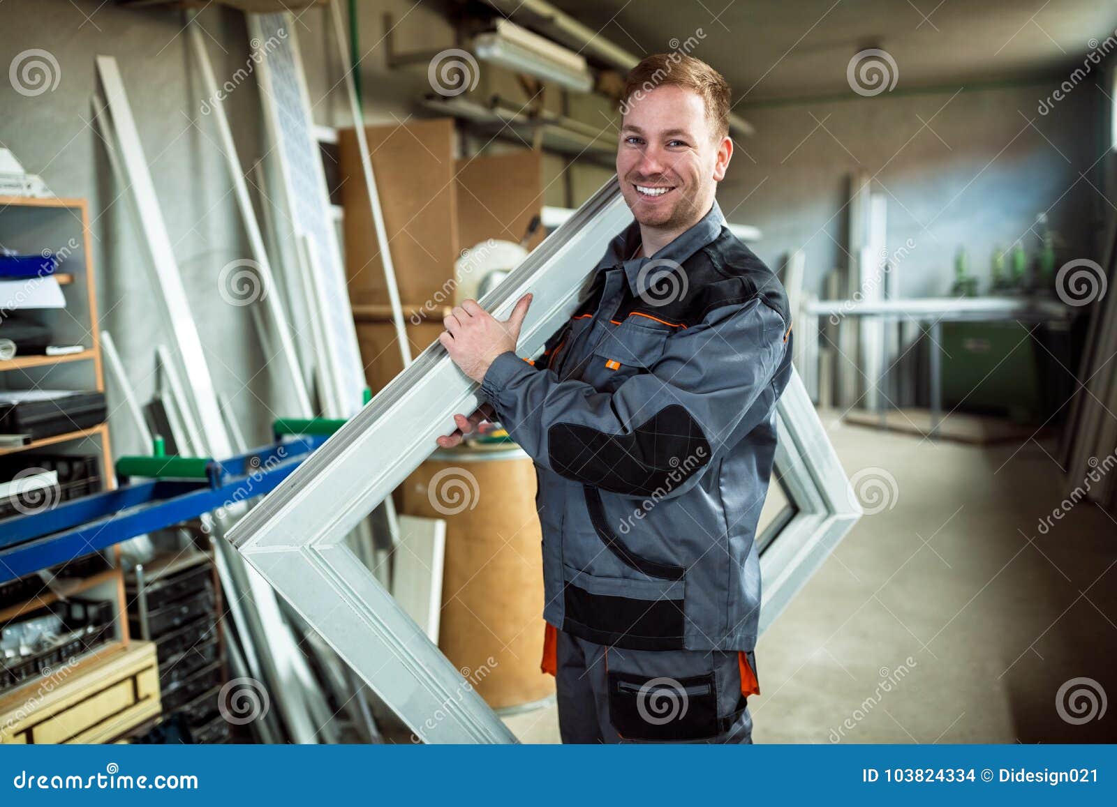 Worker in Workshop for Manufacture of Windows and Doors Stock Photo ...