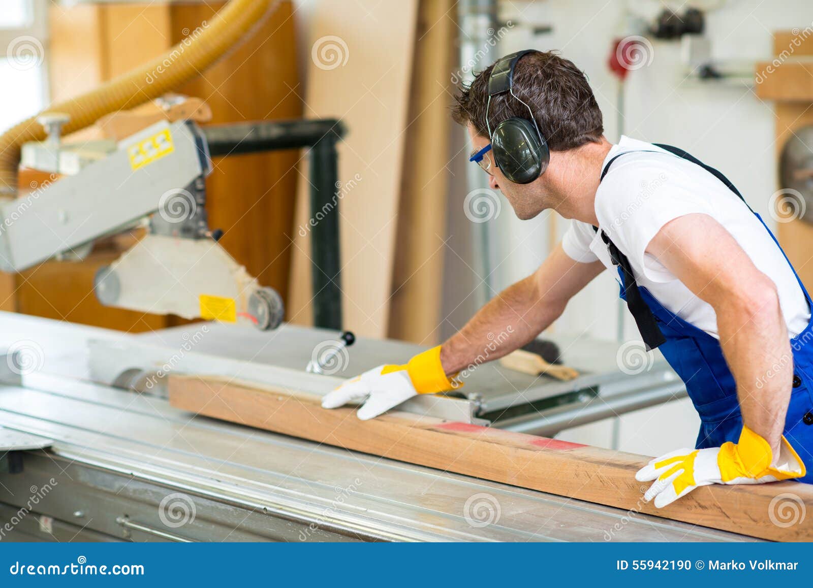 Worker in Workshop Using Saw Machine Stock Photo - Image of factory ...