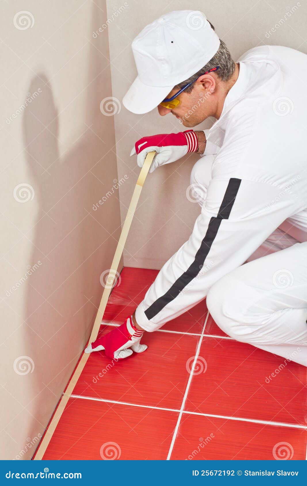 Worker Wrapped with Masking Tape Red Tiles Stock Photo - Image of ...