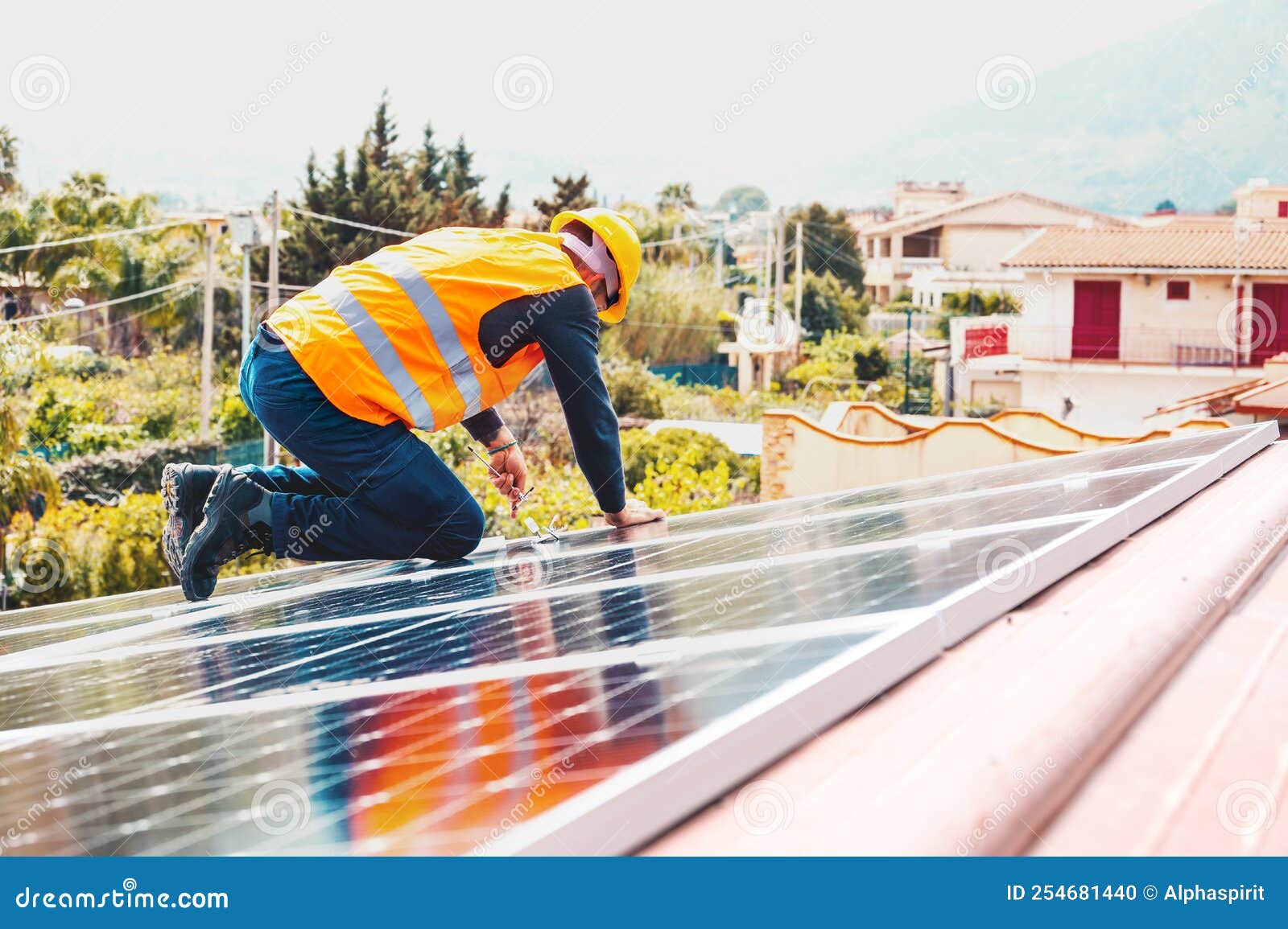 Workers Assemble Energy System with Solar Panel for Electricity Stock ...