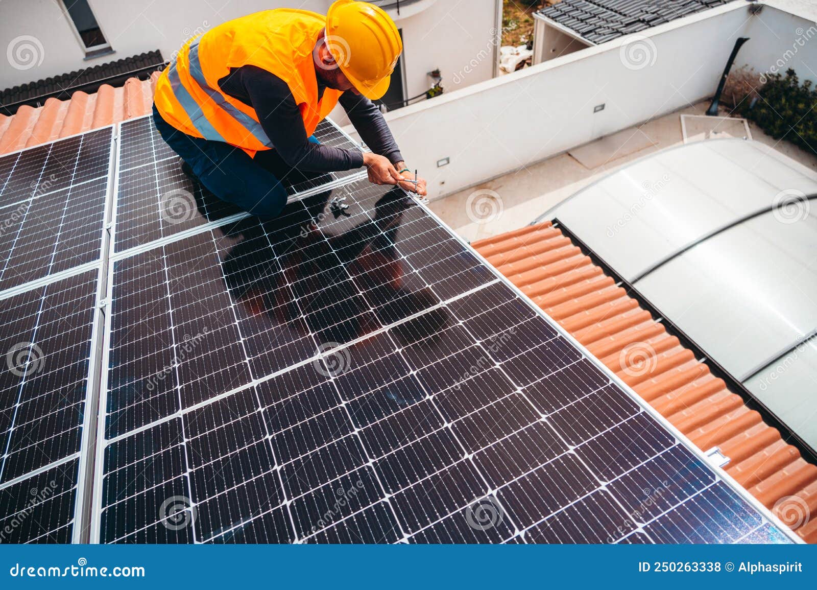 Workers Assemble Energy System with Solar Panel for Electricity Stock ...