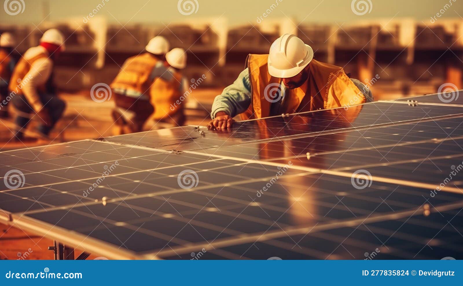 Workers Assemble Energy System with Solar Panel. Generative AI Stock ...