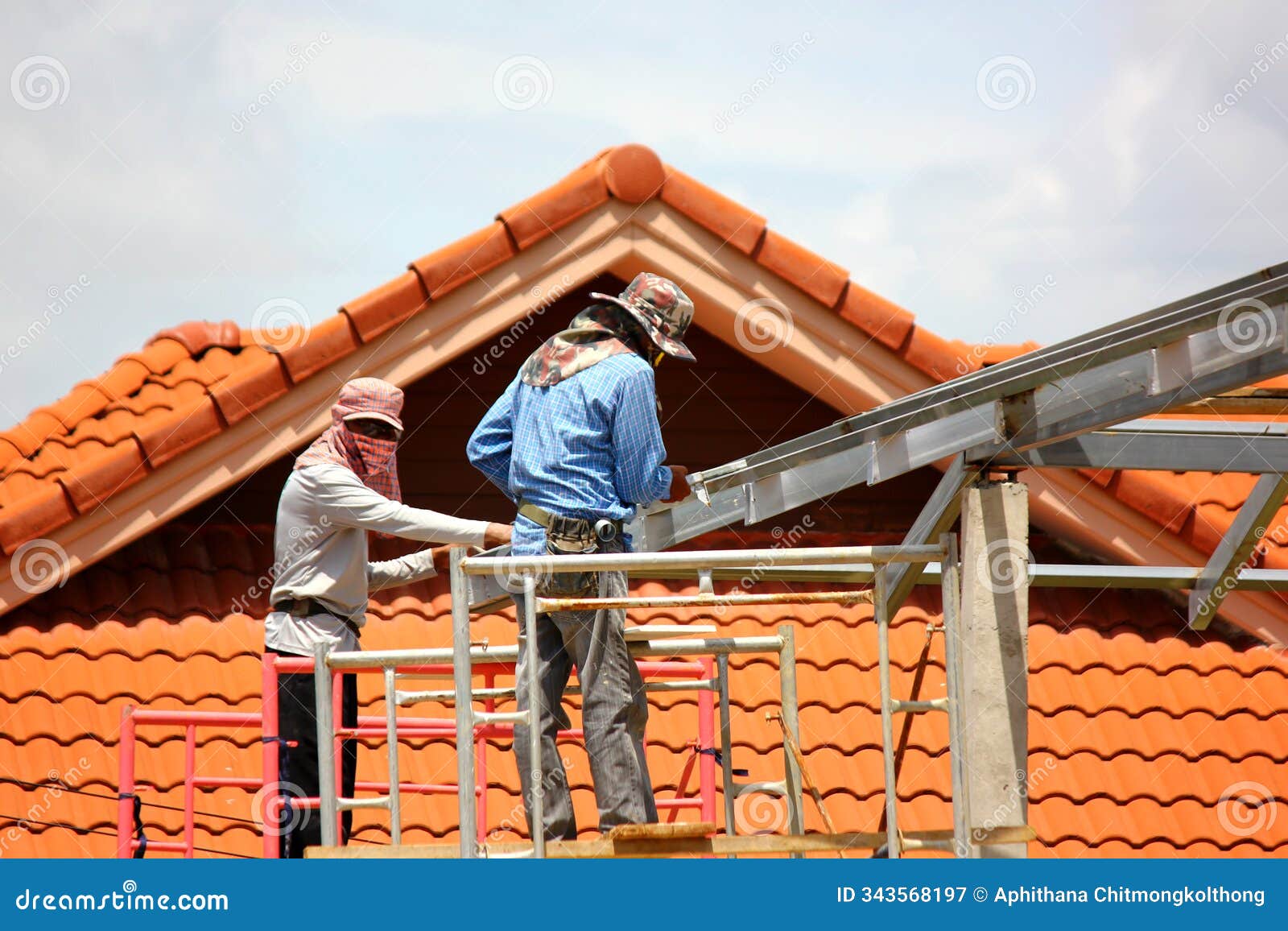 Workers are Assembling the Roof Structure of New House Stock Image ...