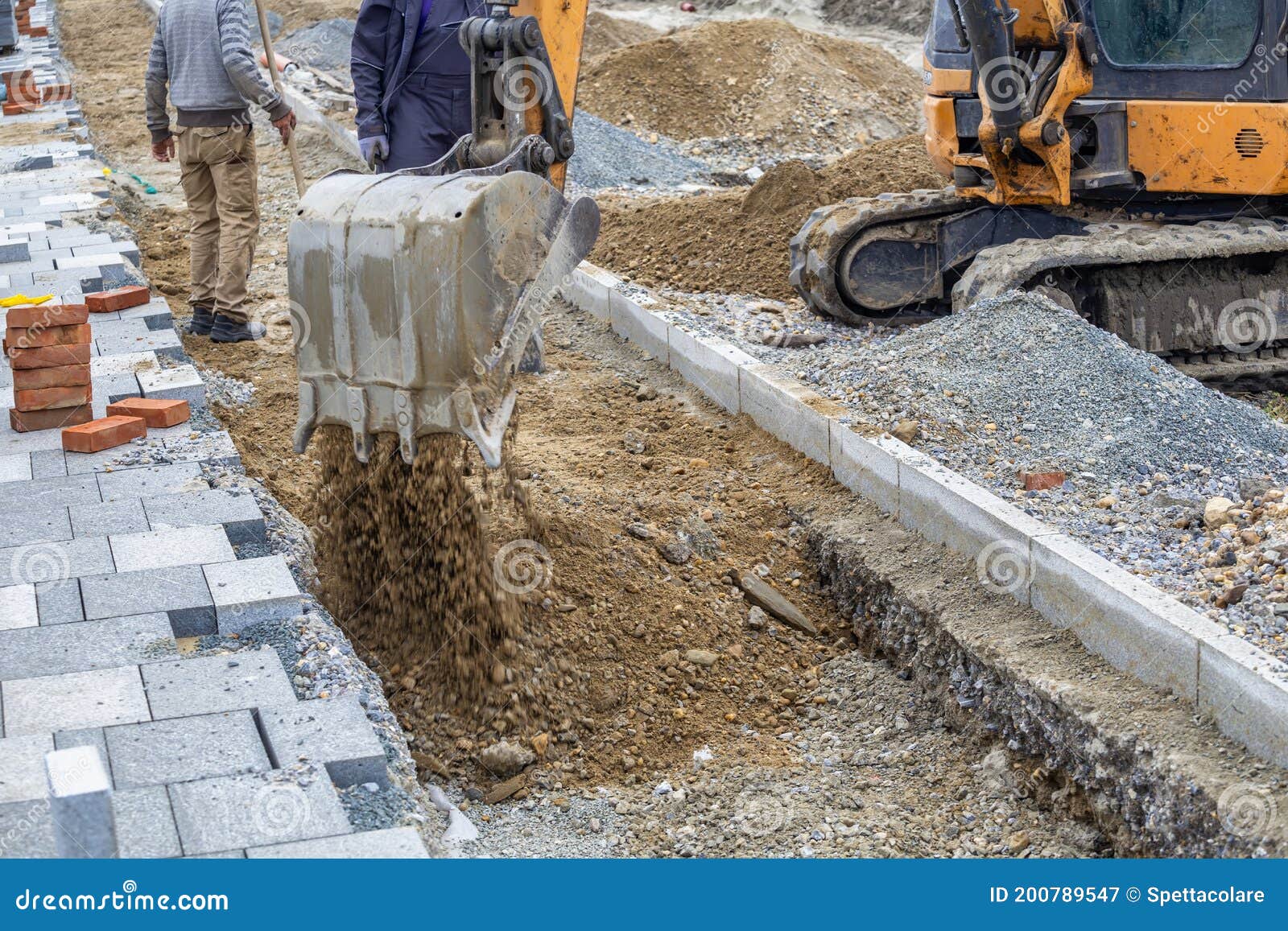 Workers Backfilling Power Cables Trenches Stock Image - Image of ...