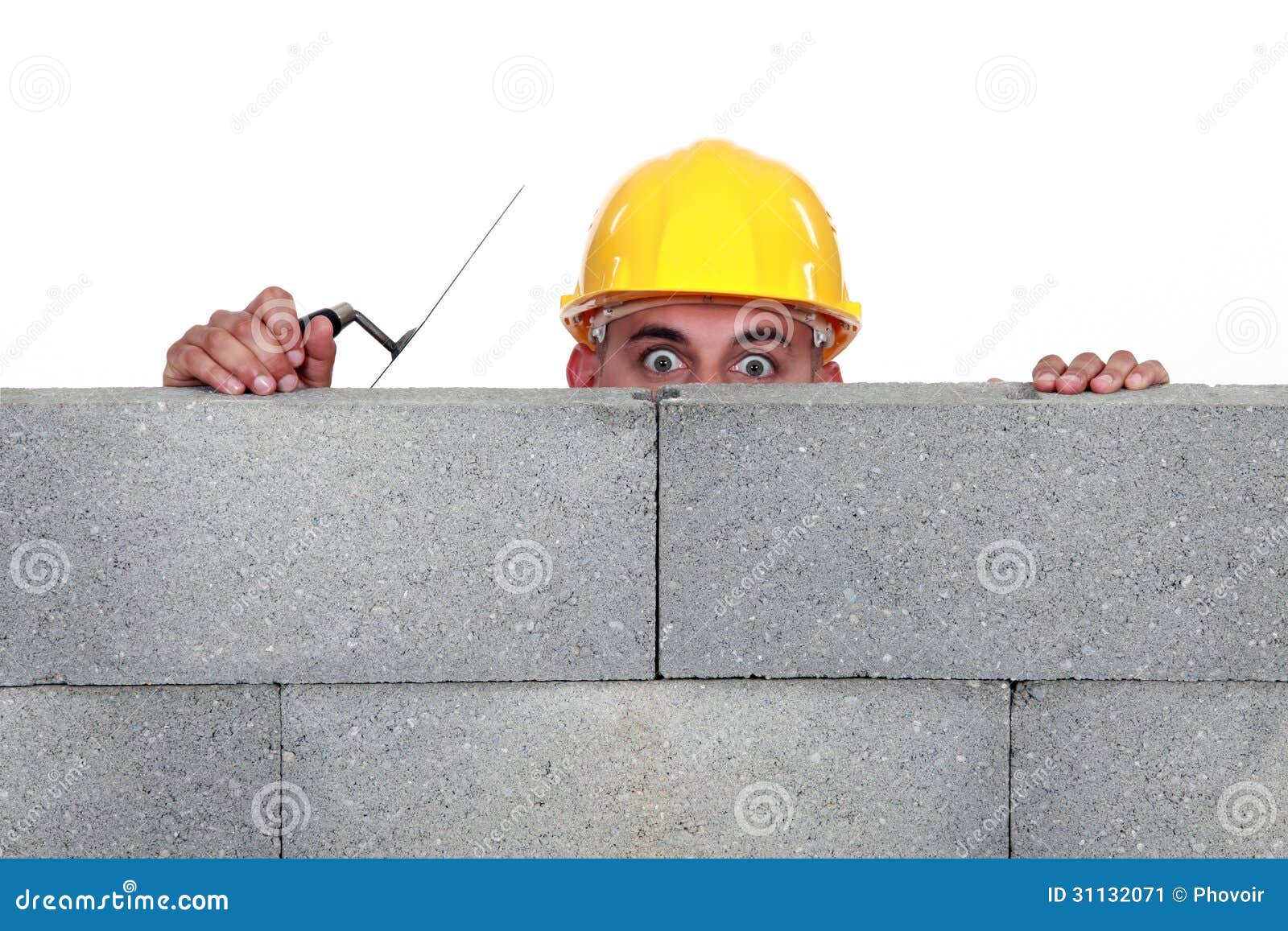 Workers behind wall stock image. Image of eyes, hands - 31132071