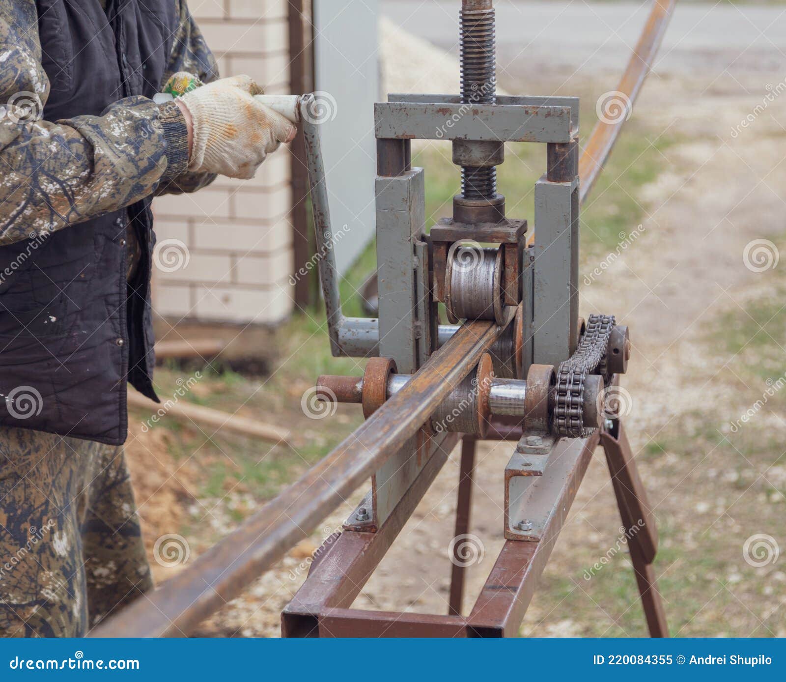 Workers Bend Metal in a Pipe Bender. Stock Image - Image of steel ...