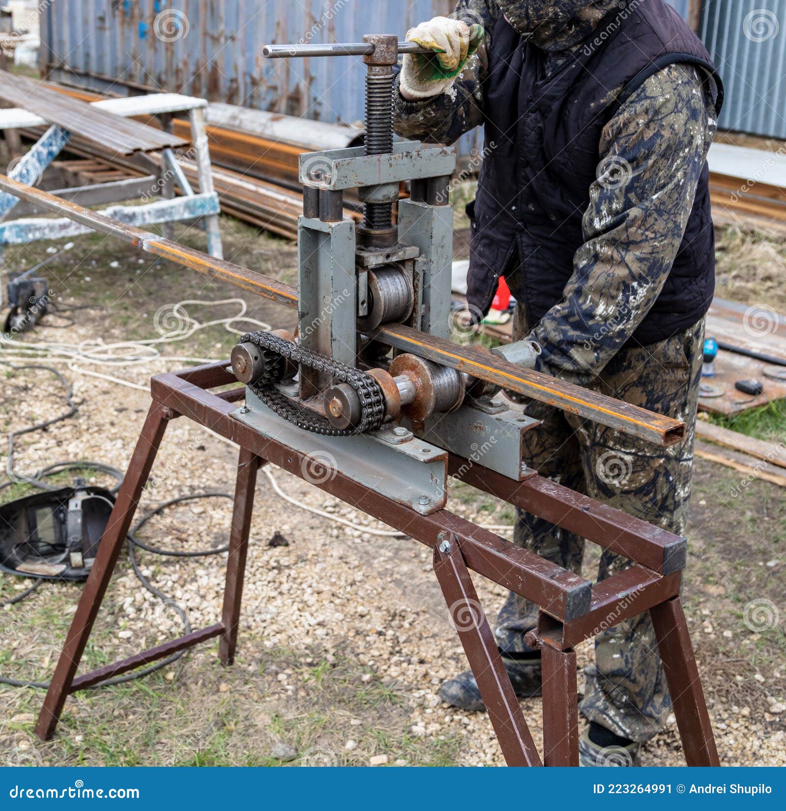 Workers Bend Metal in a Pipe Bender. Stock Image - Image of occupation ...