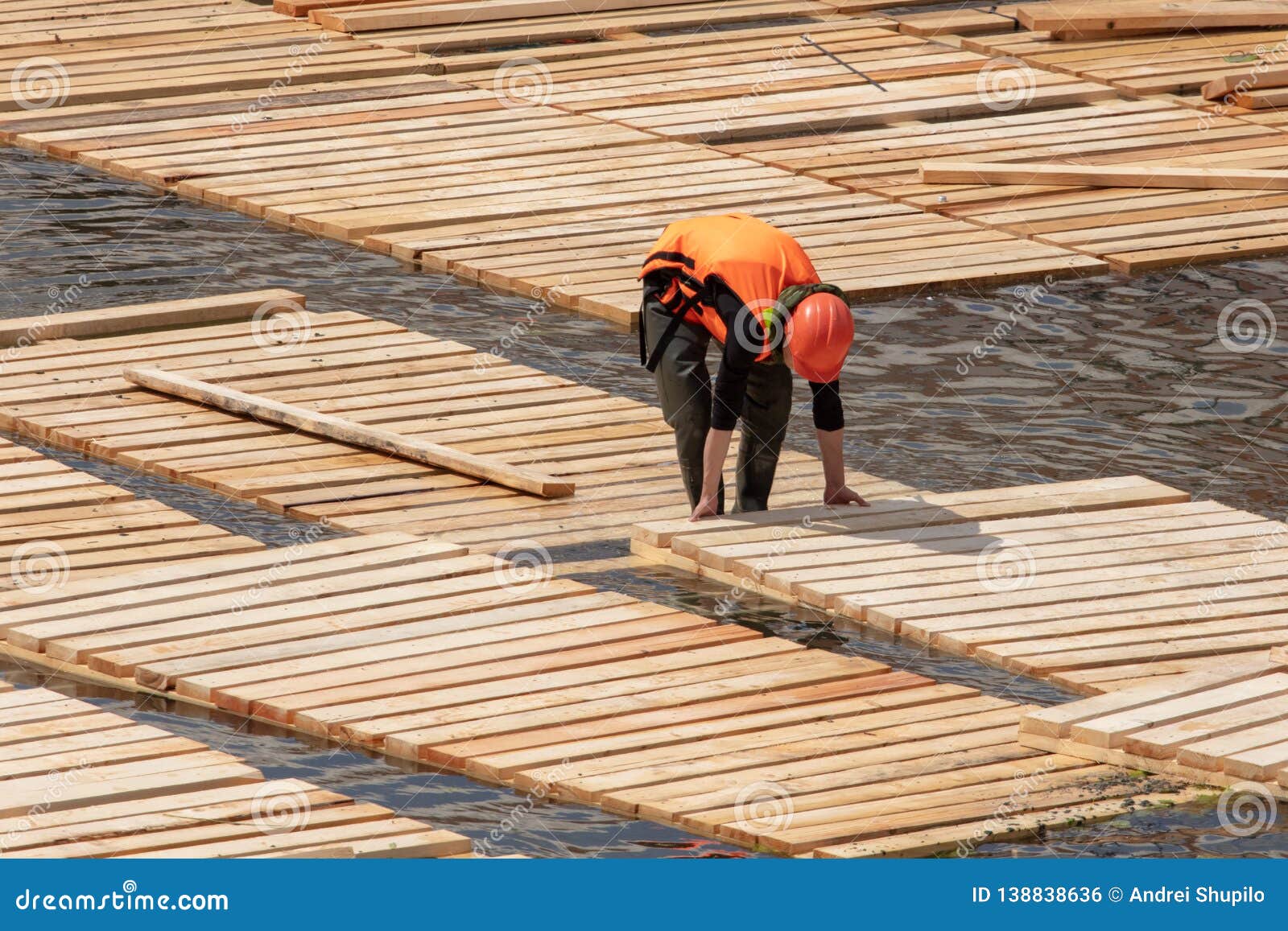 Workers Build a Dam of Wood on the River Stock Photo - Image of ...