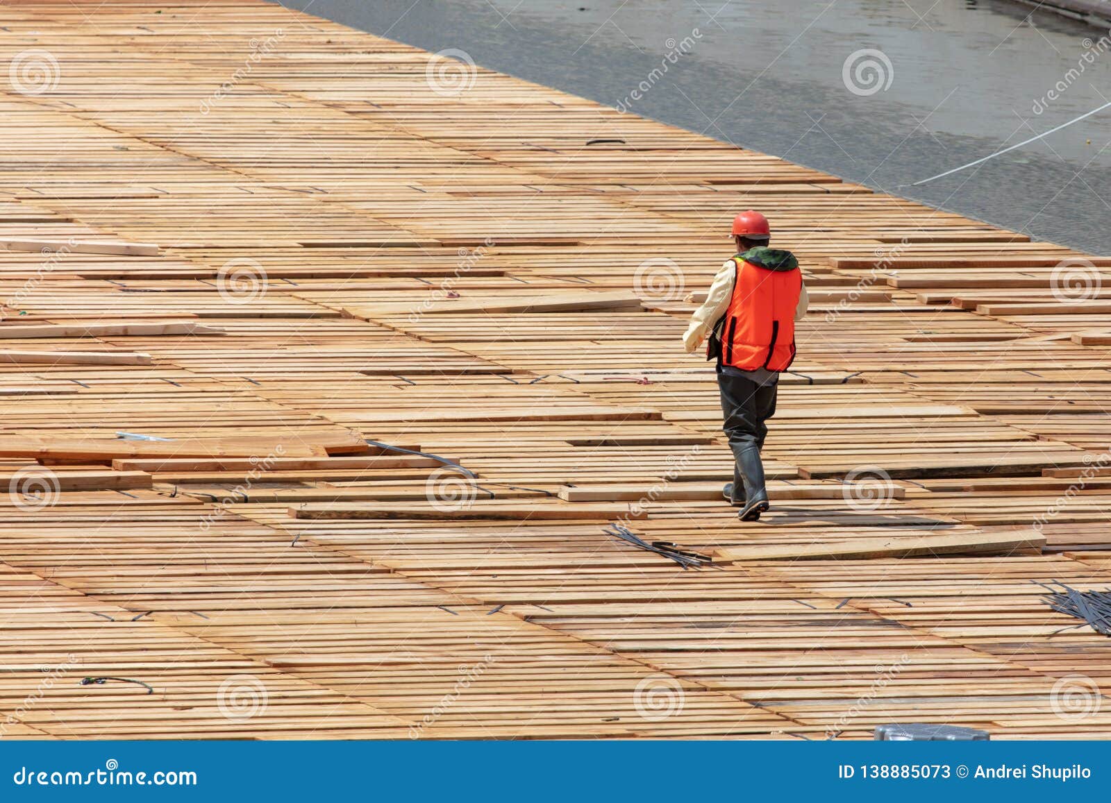 Workers Build a Dam of Wood on the River Stock Image - Image of ...