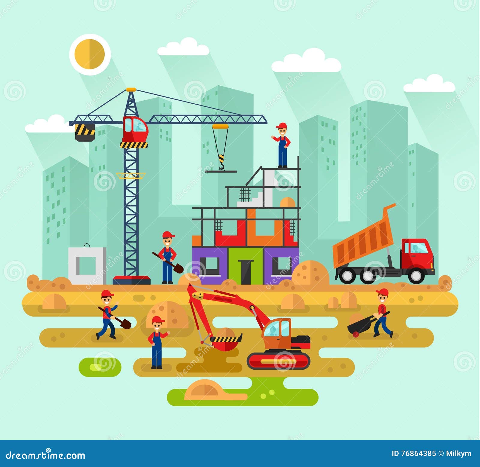 Workers build a house stock vector. Illustration of hammer - 76864385