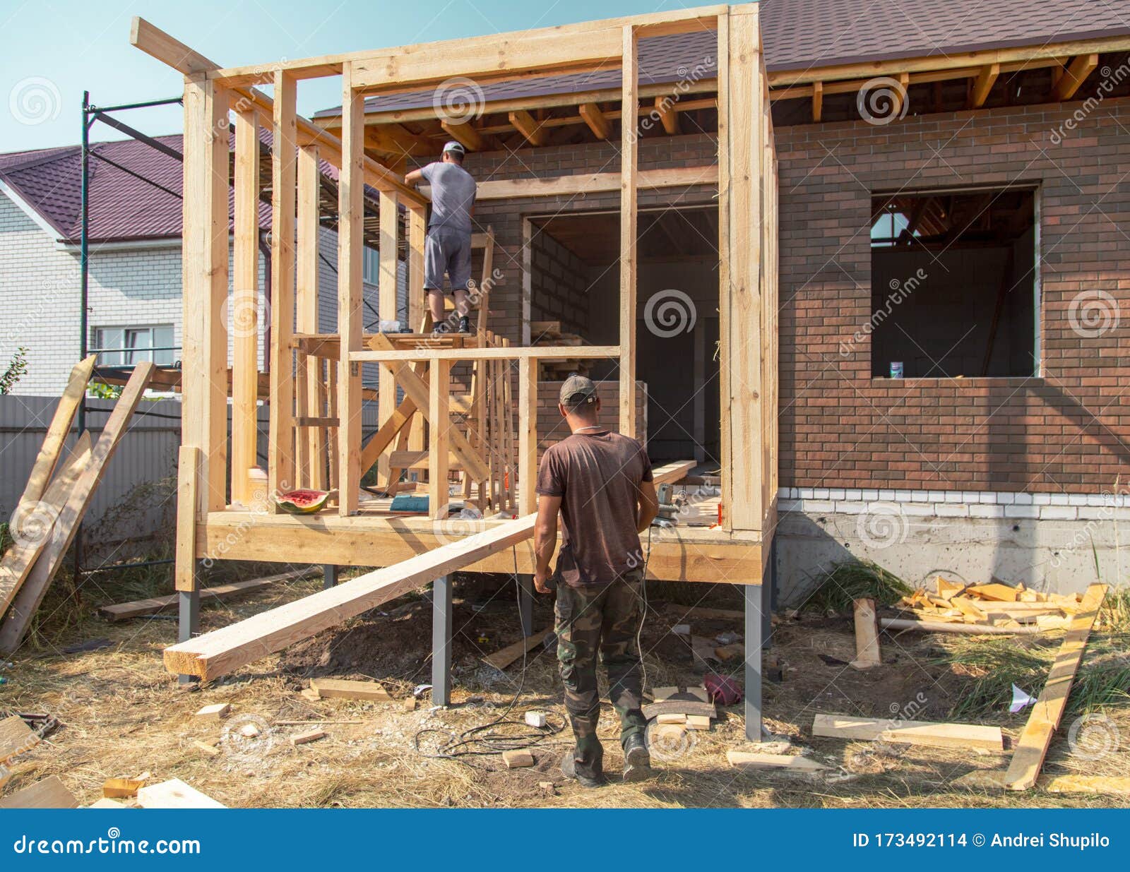 Workers are Building a Wooden Outbuilding Stock Photo - Image of ...