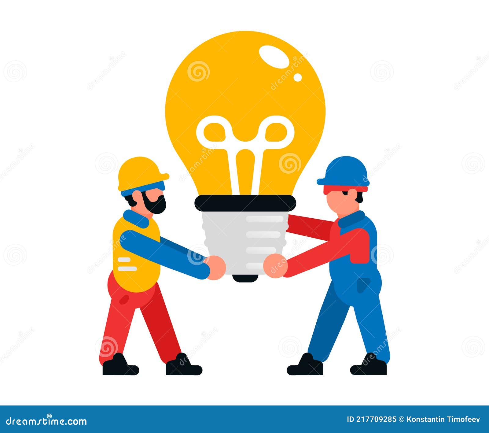 Workers Carrying a Large Light Bulb. Builders and a Light Bulb. Light ...