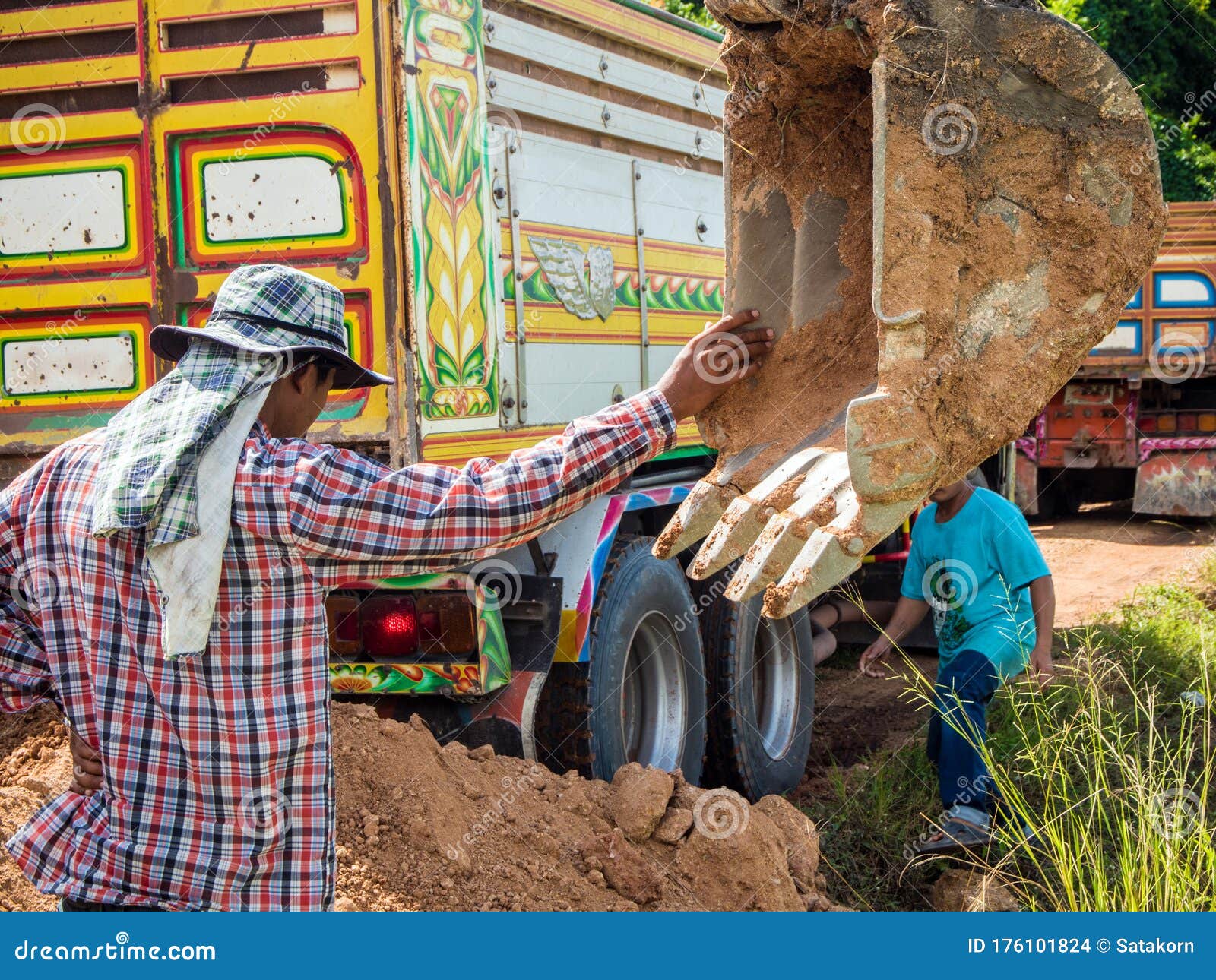 Workers are Carrying Out Soil Work with Excavator and Truck Editorial ...
