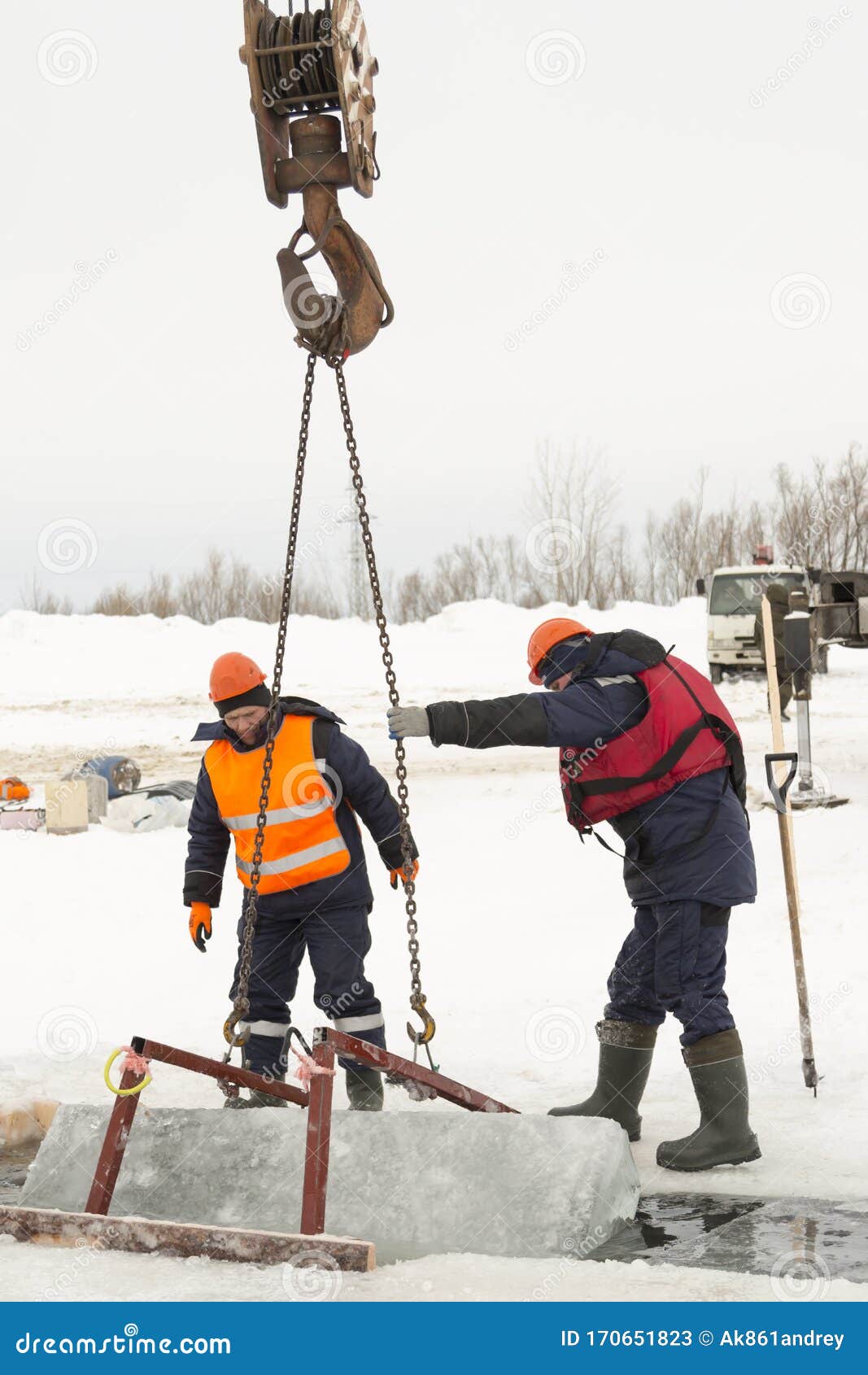 Workers Catch Ice Blocks in the Lane Stock Image - Image of hook, open ...