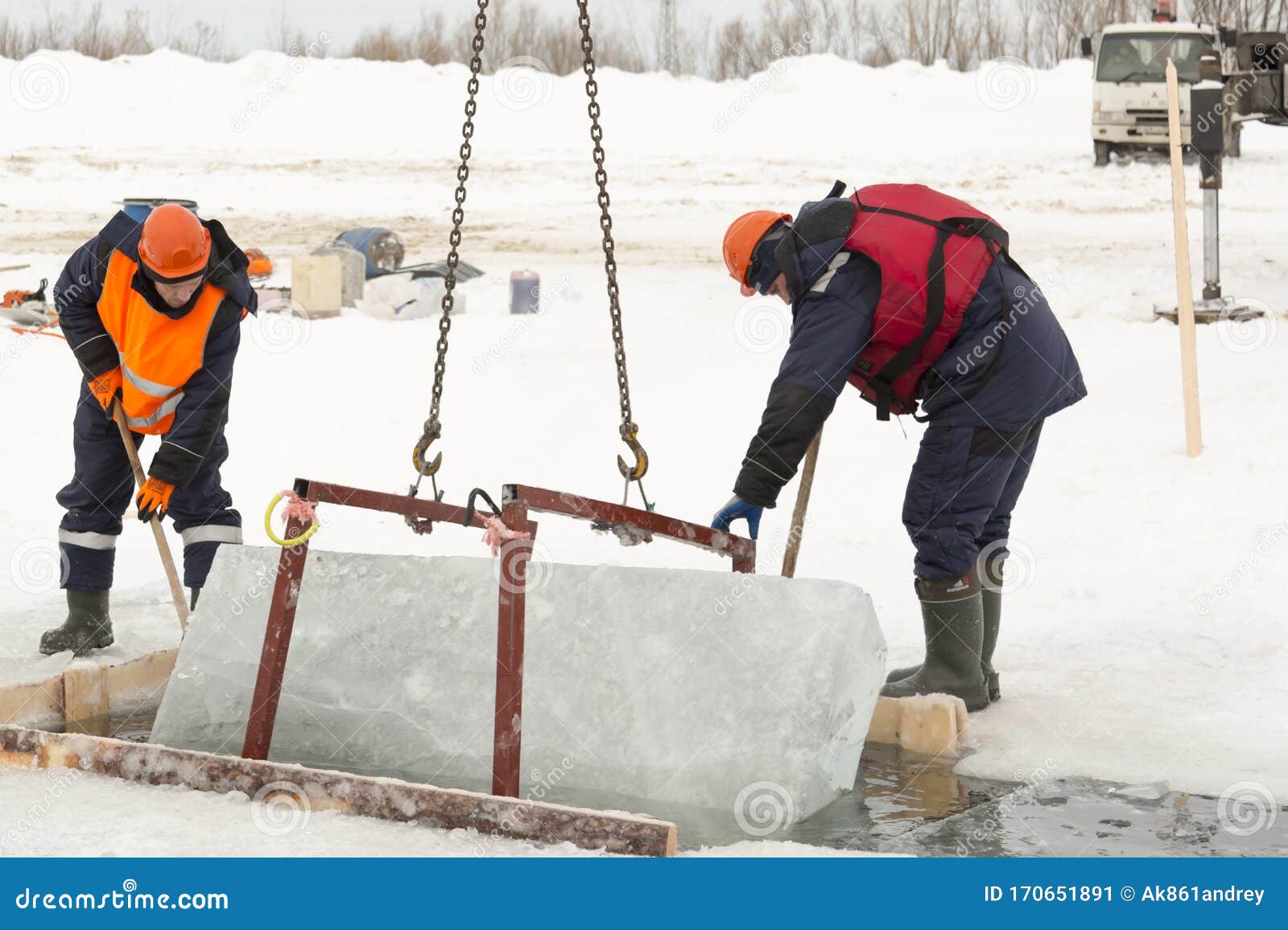 Workers Catch Ice Blocks in the Lane Stock Image - Image of arrow, male ...
