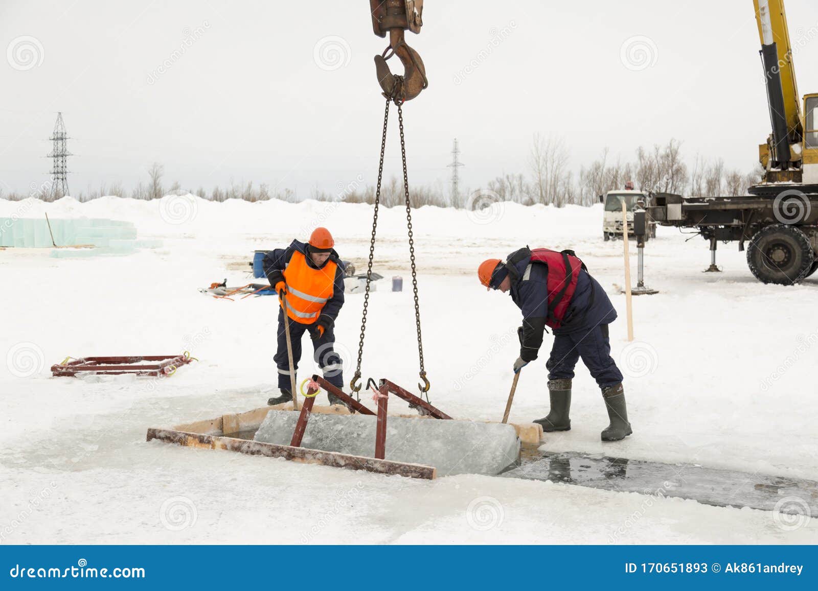Workers Catch Ice Blocks in the Lane Stock Image - Image of light ...