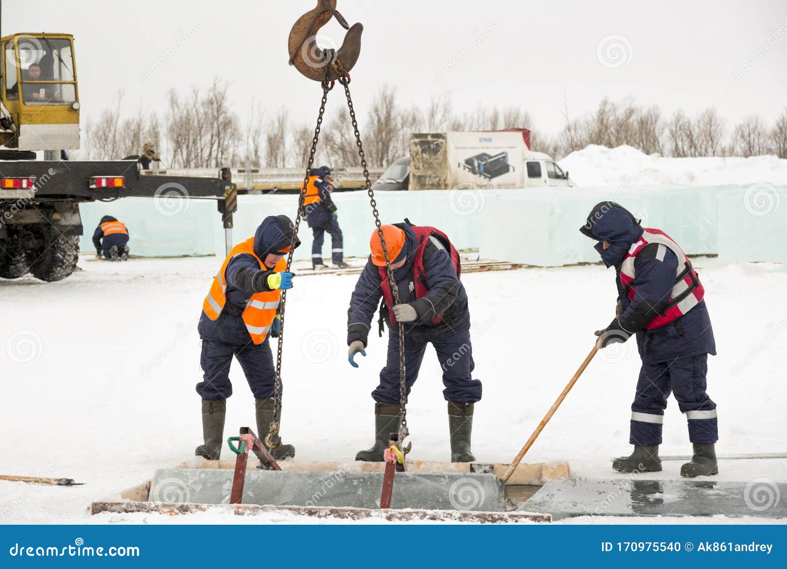 Workers Catch Ice Blocks in the Lane Stock Photo - Image of frozen ...