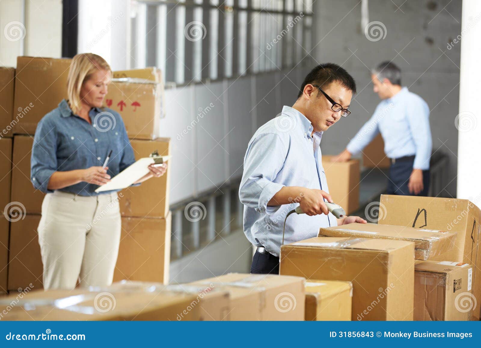 Workers Checking Goods on Belt in Distribution Warehouse Stock Image ...