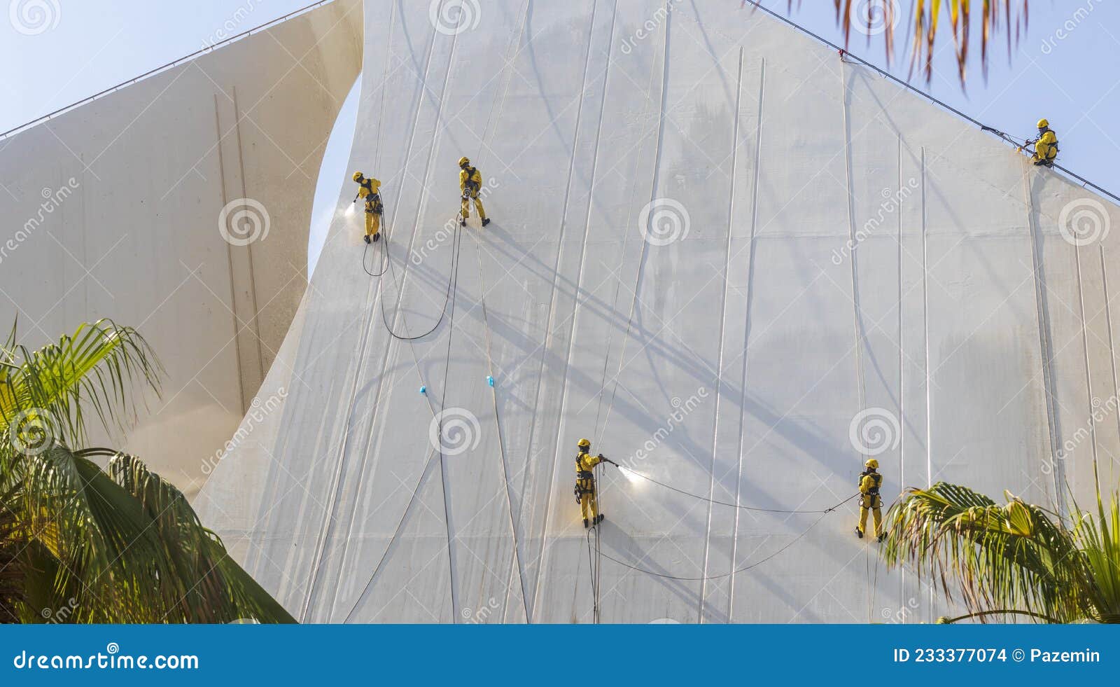 Workers Cleaning Facade of Building with Water Jet Pressure Method ...