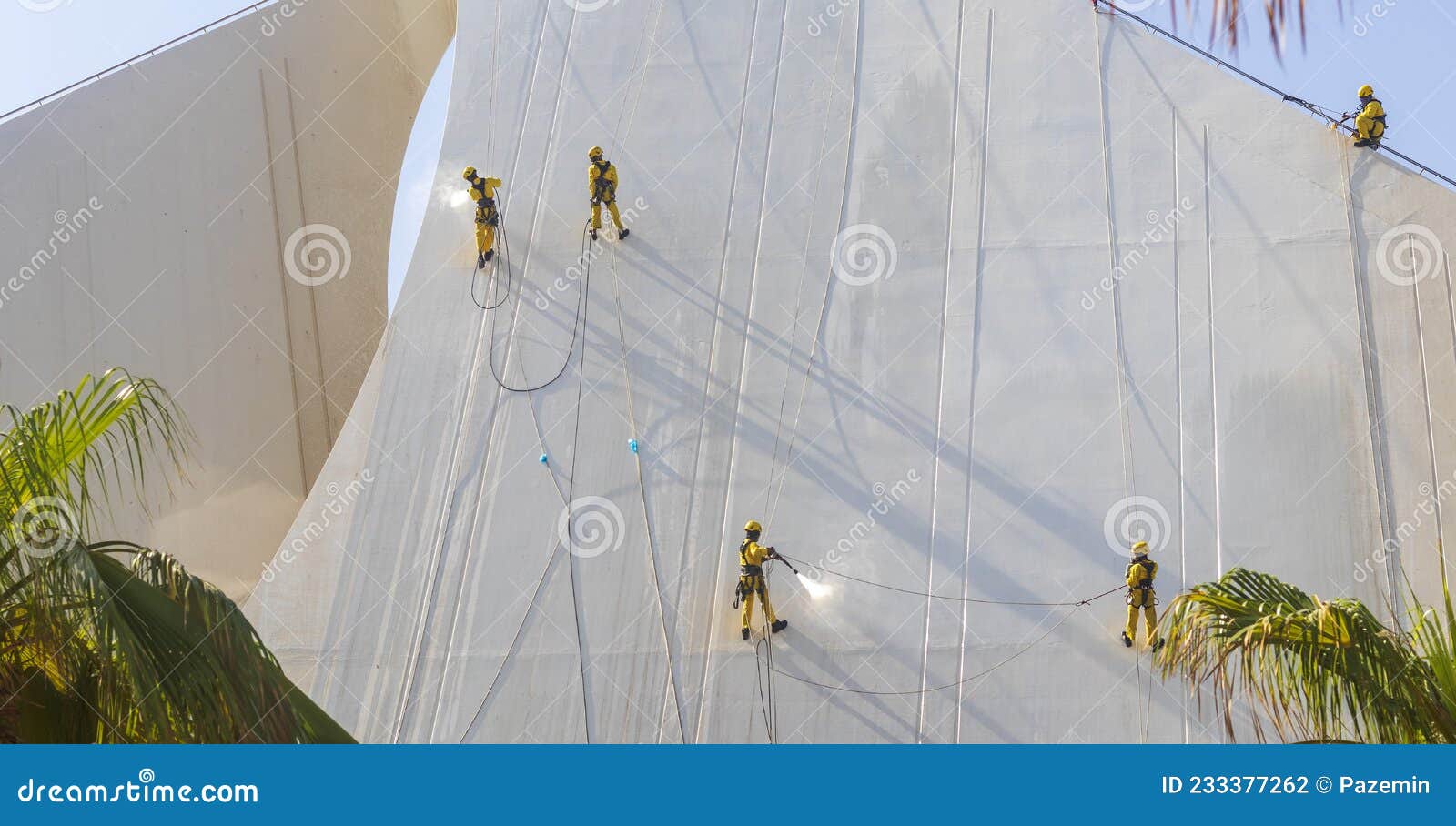 Workers Cleaning Facade of Building with Water Jet Pressure Method ...