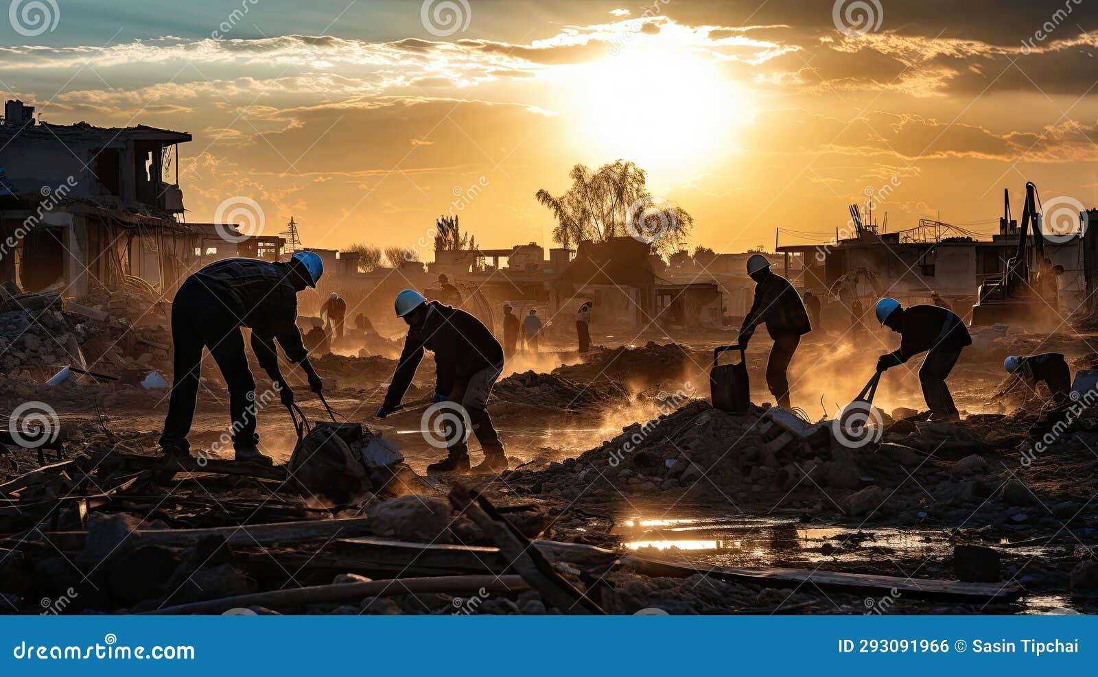 Workers Cleaning Up Rubble of a City or Town Devastated by War Stock ...