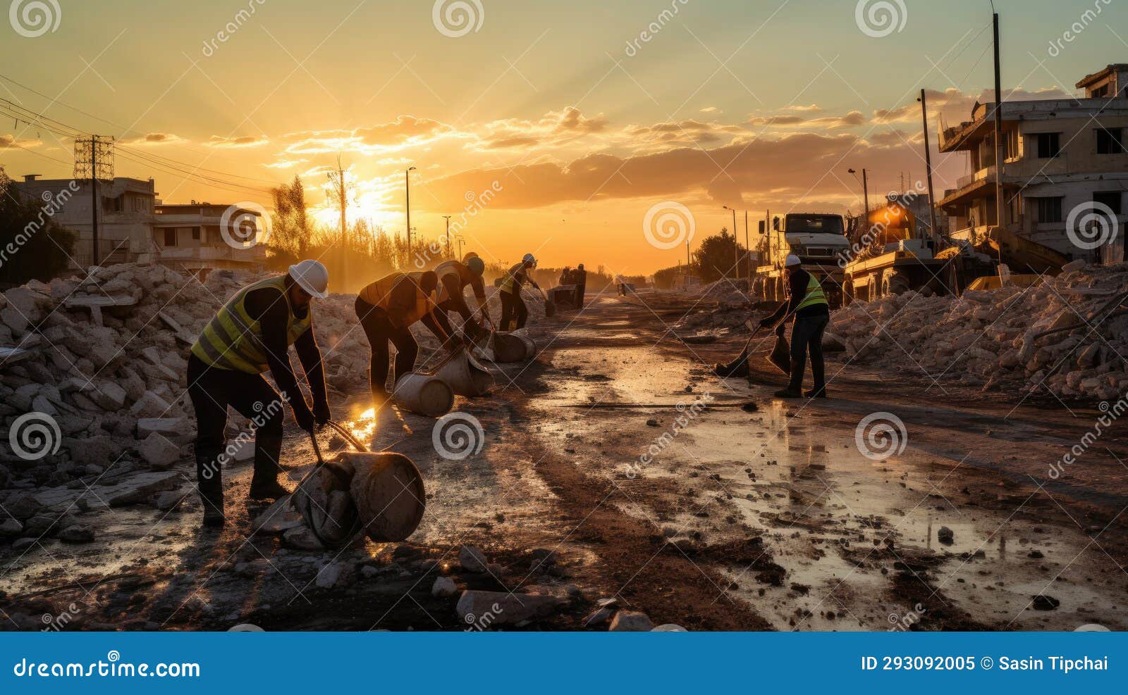 Workers Cleaning Up Rubble of a City or Town Devastated by War Stock ...