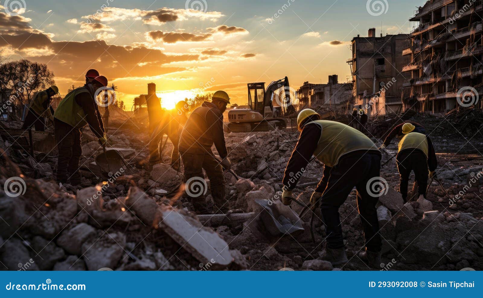 Workers Cleaning Up Rubble of a City or Town Devastated by War Stock ...