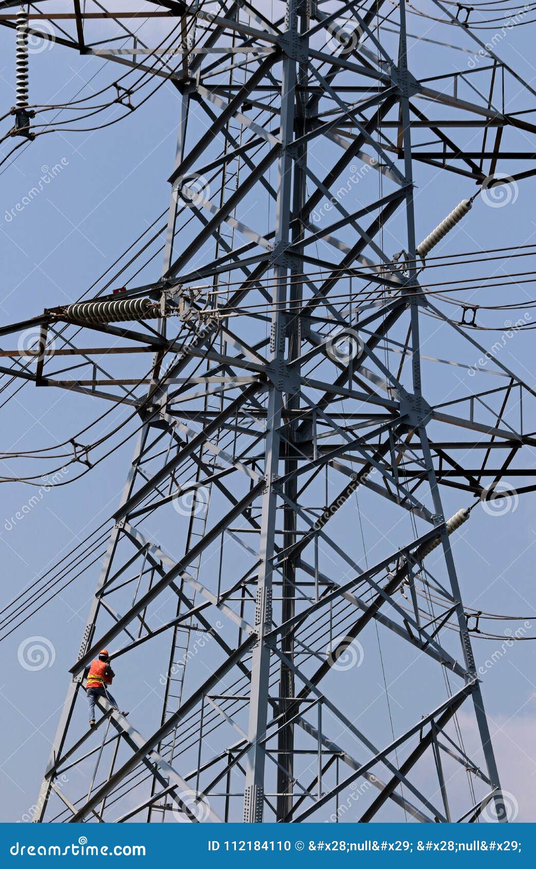 Workers Climb As Work on High Voltage Electric Post. Stock Photo ...