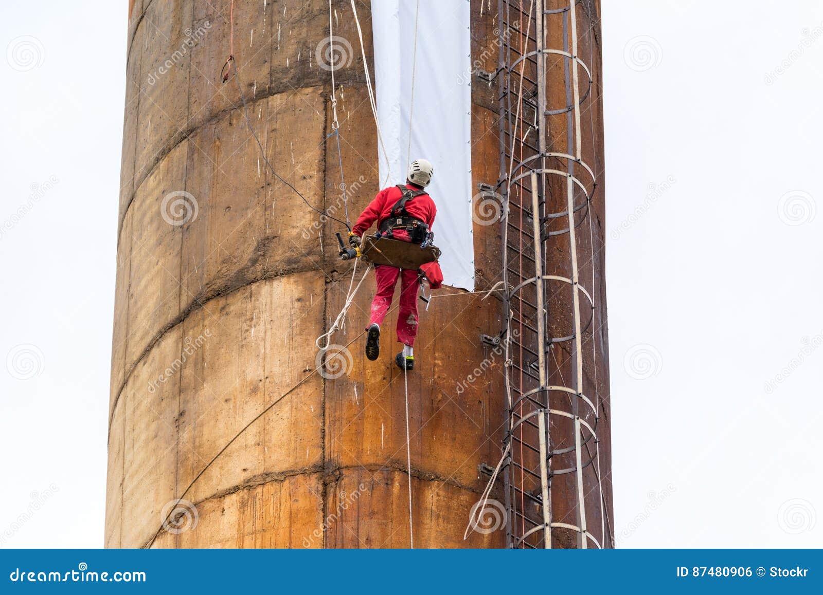Workers Climbing on the Big Chimney Editorial Photo - Image of ...