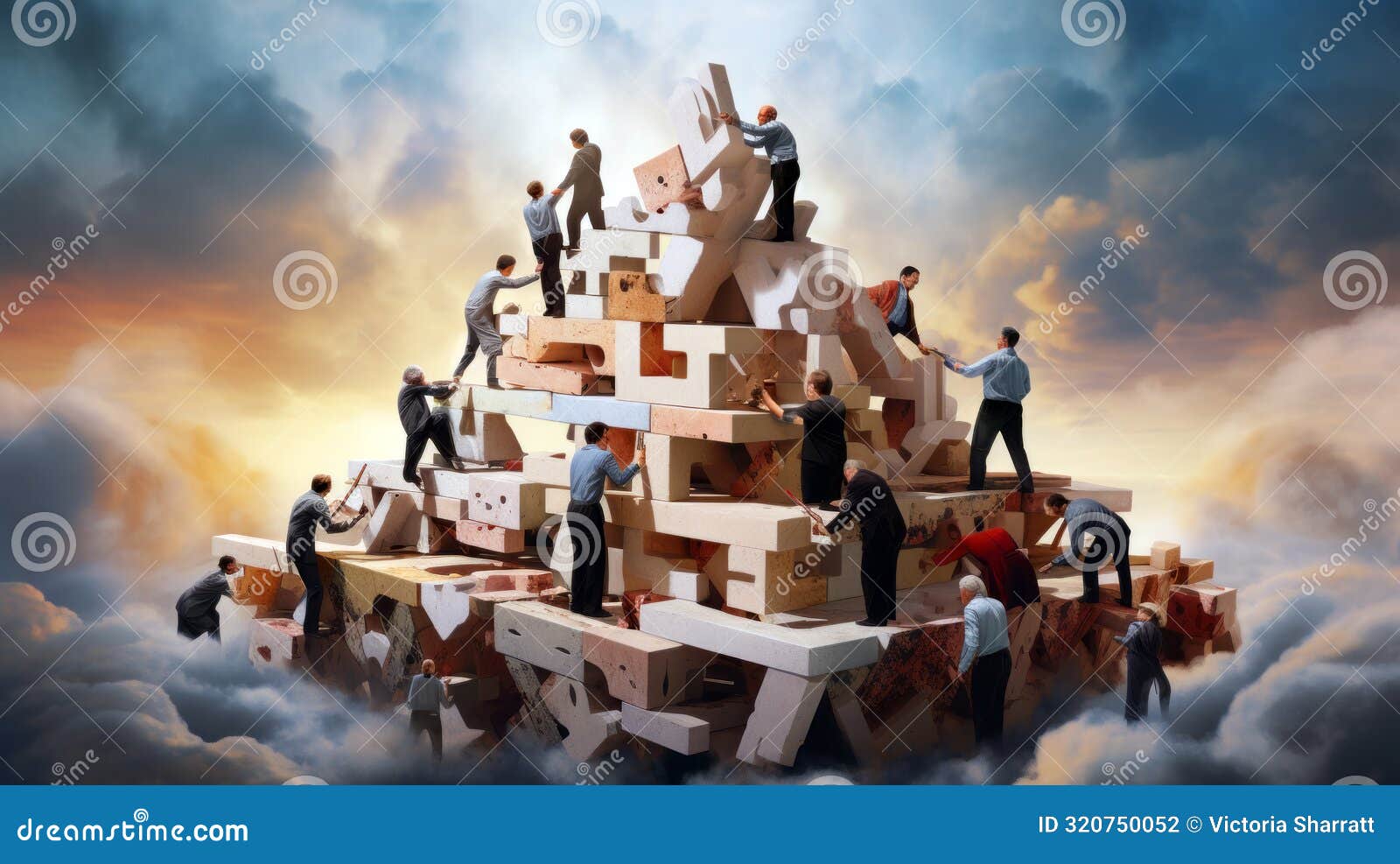 Workers Constructing a Pyramid with Puzzle Pieces Together Stock ...