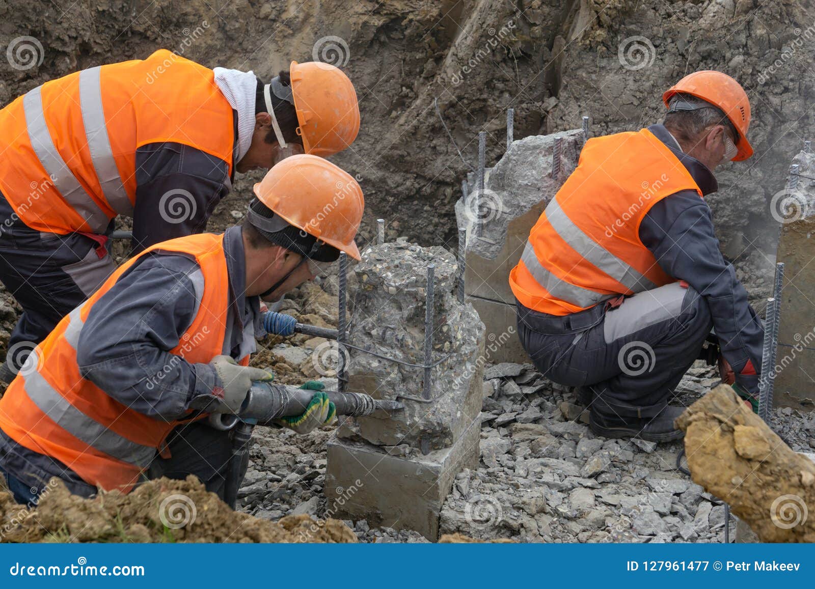 Workers at the Construction Site Chop a Jackhammer Piles are Cut ...