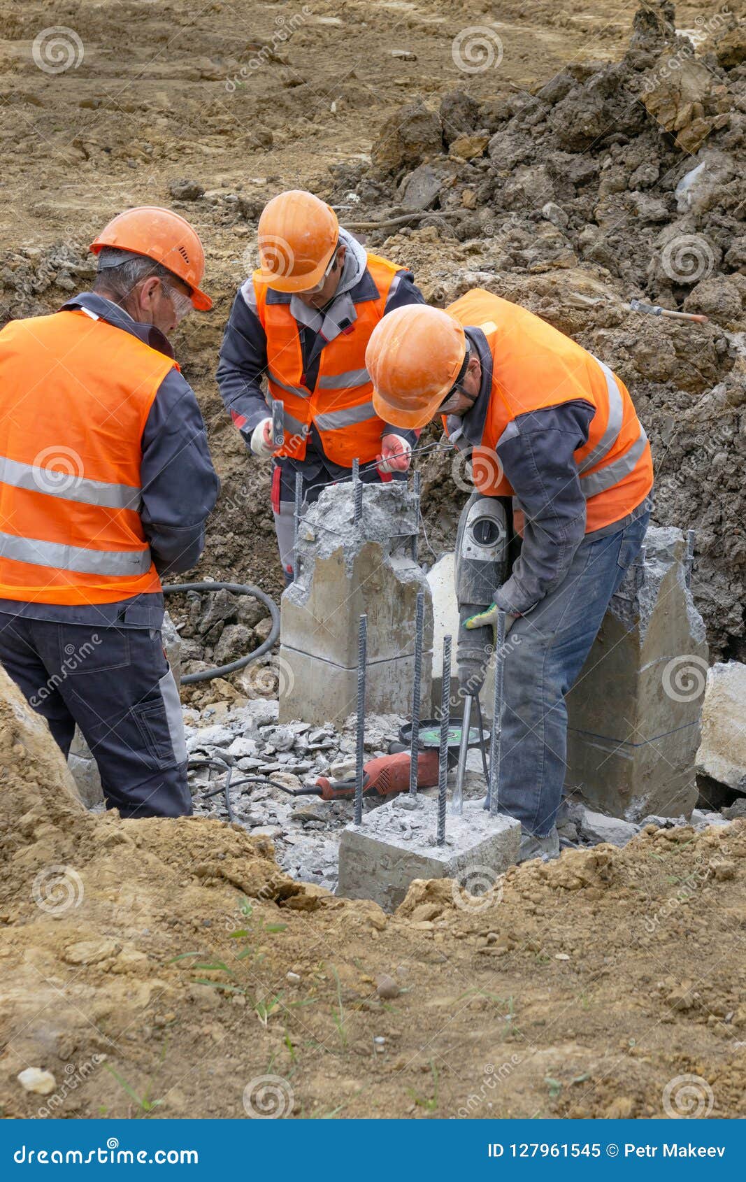 Workers at the Construction Site Chop a Jackhammer Piles are Cut ...