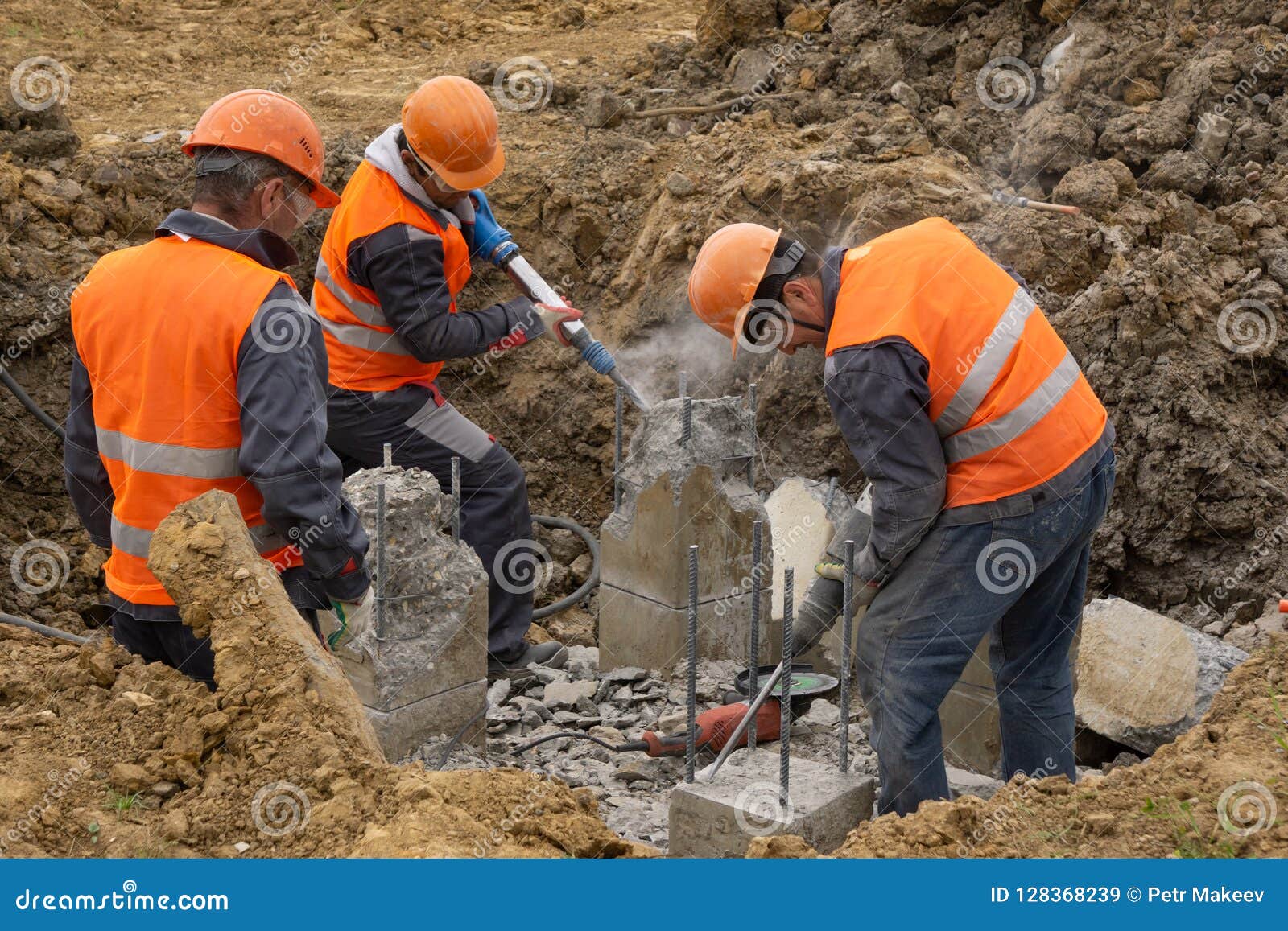 Workers at the Construction Site Chop a Jackhammer Piles are Cut ...