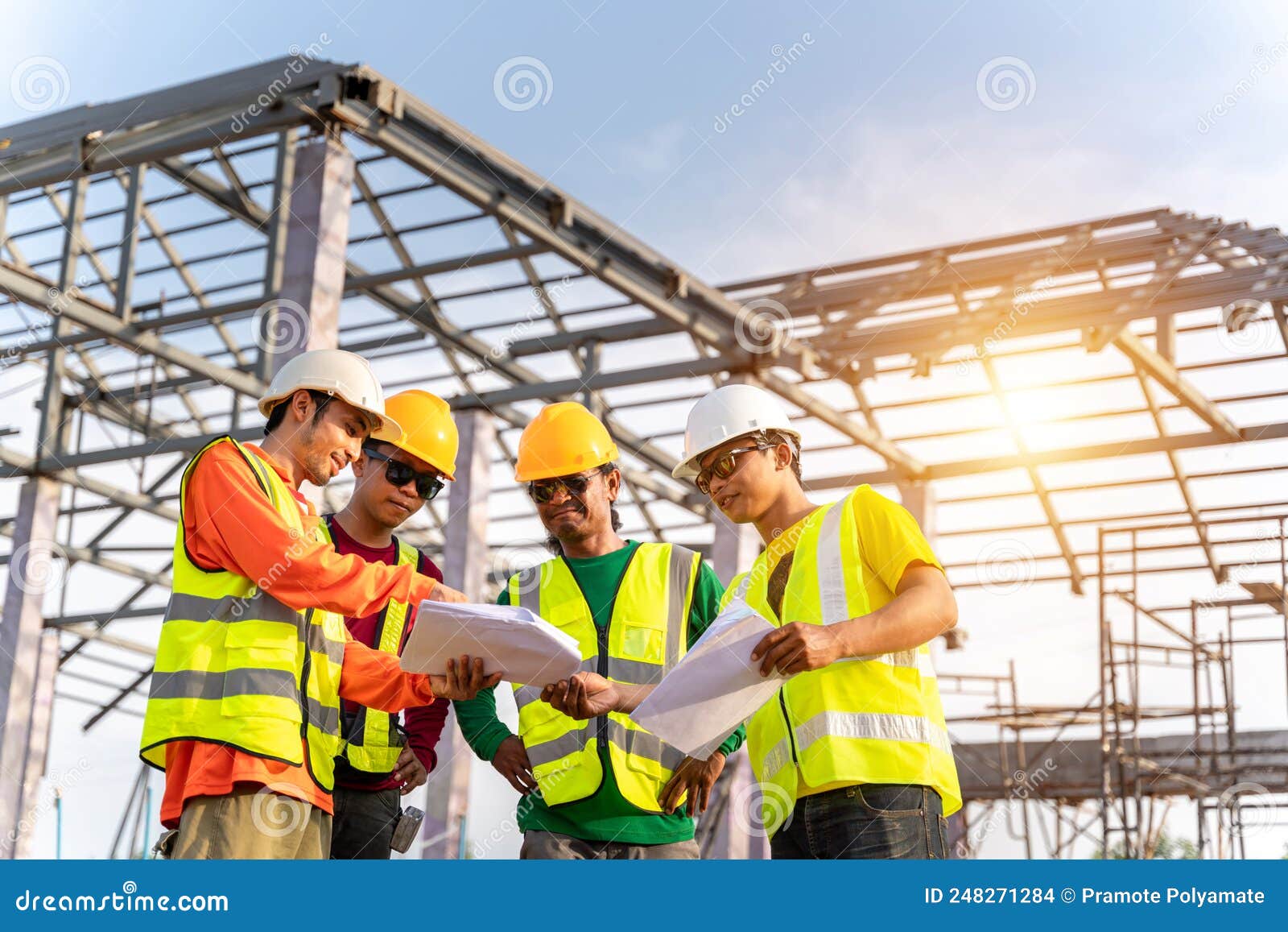 4 Workers in Construction Site, Engineer Technician and Architect ...