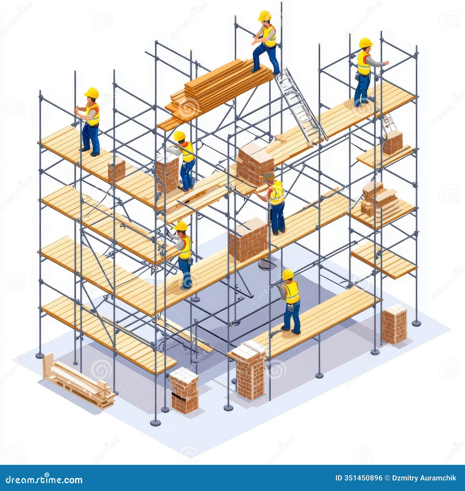 Workers Depicted on Multi-level Scaffolding in a Modern Illustration ...