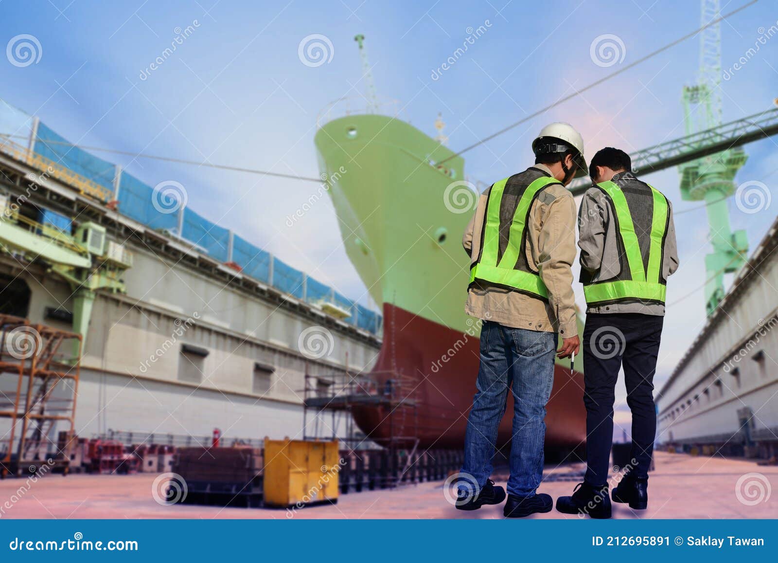 Engineer Controls the Repair of Large Cargo Ships in the Shipyard Stock ...