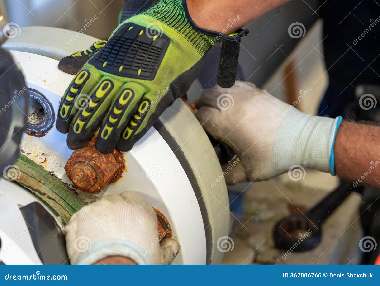 Workers Dismantling a Rusty Flange Connection on an Industrial Pipeline ...
