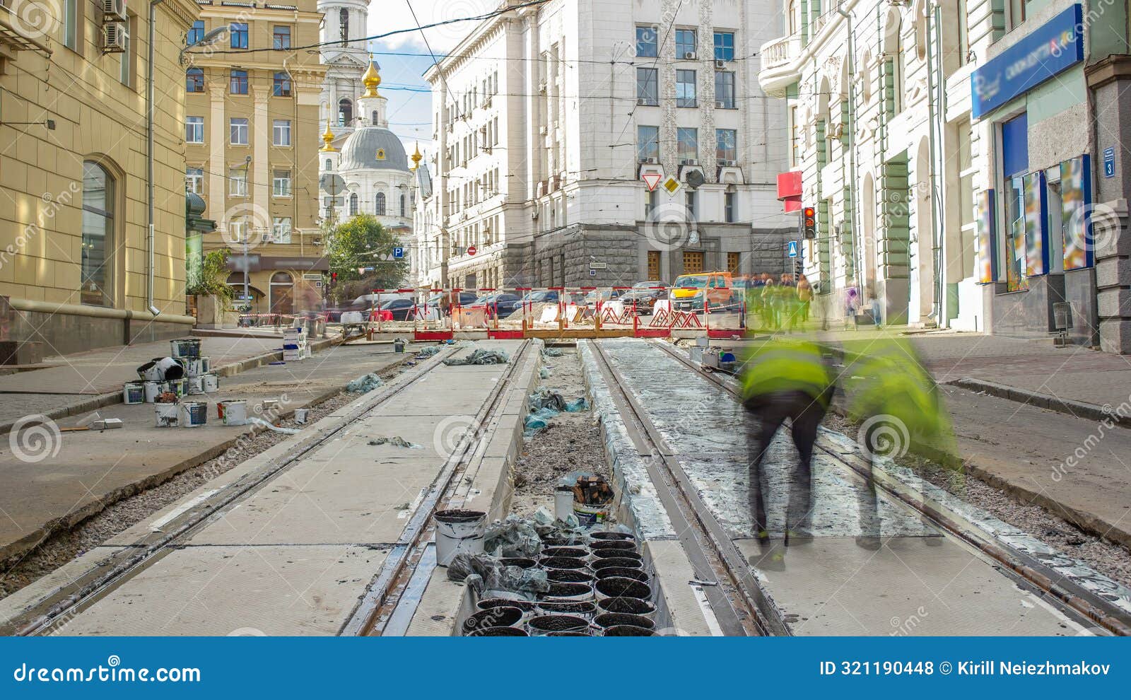 Workers Do Cleaning of the Railway Tram Line after Construction Works ...